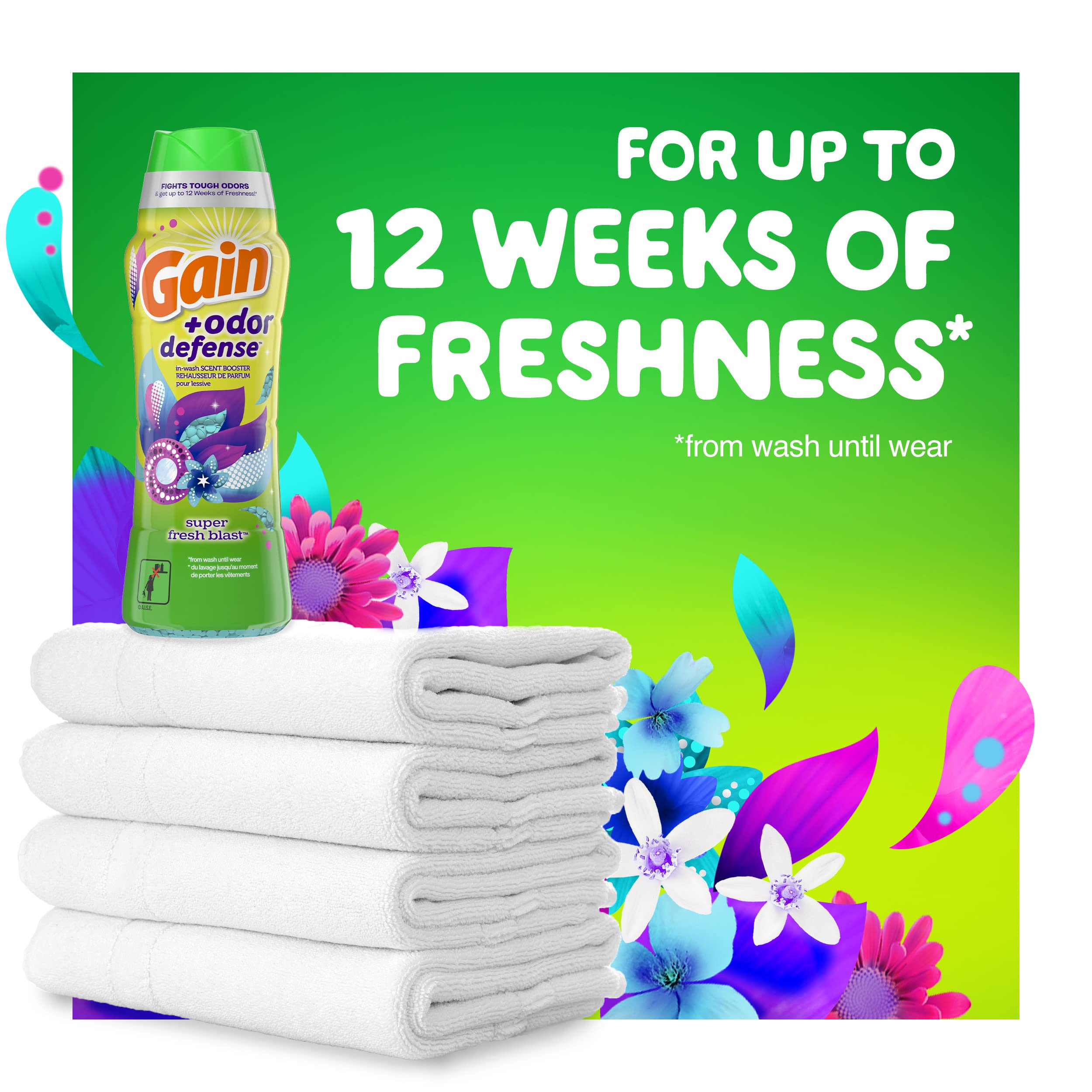 Gain flings Laundry Detergent Pacs with Odor Defense, Super Fresh Blast, 76 Ct + Gain + Odor Defense Scent Booster Beads, Super Fresh Blast, 26.5oz + Gain Dryer Sheets, Super Fresh Blast, 240 Ct