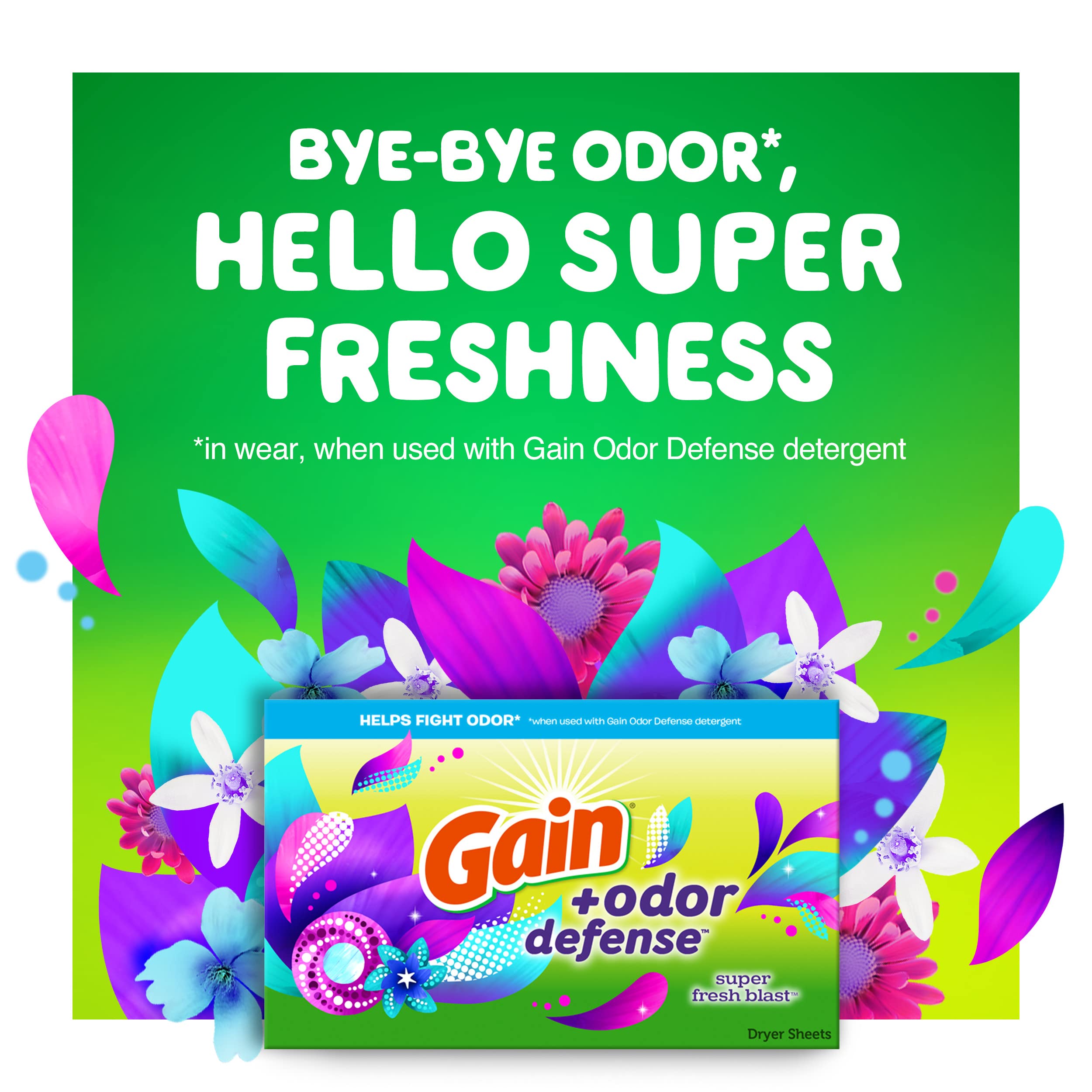 Gain flings Laundry Detergent Pacs with Odor Defense, Super Fresh Blast, 76 Ct + Gain + Odor Defense Scent Booster Beads, Super Fresh Blast, 26.5oz + Gain Dryer Sheets, Super Fresh Blast, 240 Ct
