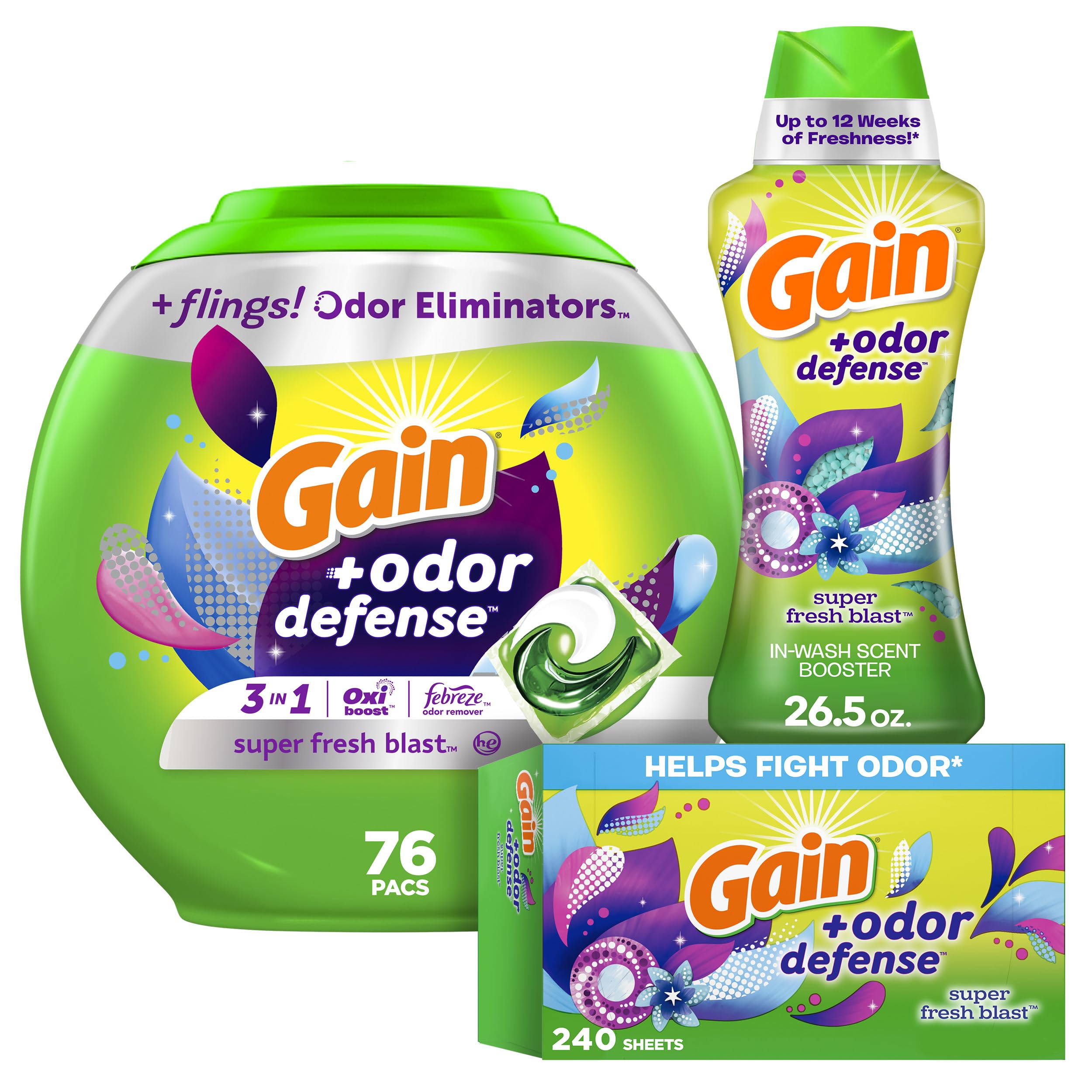 Gain flings Laundry Detergent Pacs with Odor Defense, Super Fresh Blast, 76 Ct + Gain + Odor Defense Scent Booster Beads, Super Fresh Blast, 26.5oz + Gain Dryer Sheets, Super Fresh Blast, 240 Ct