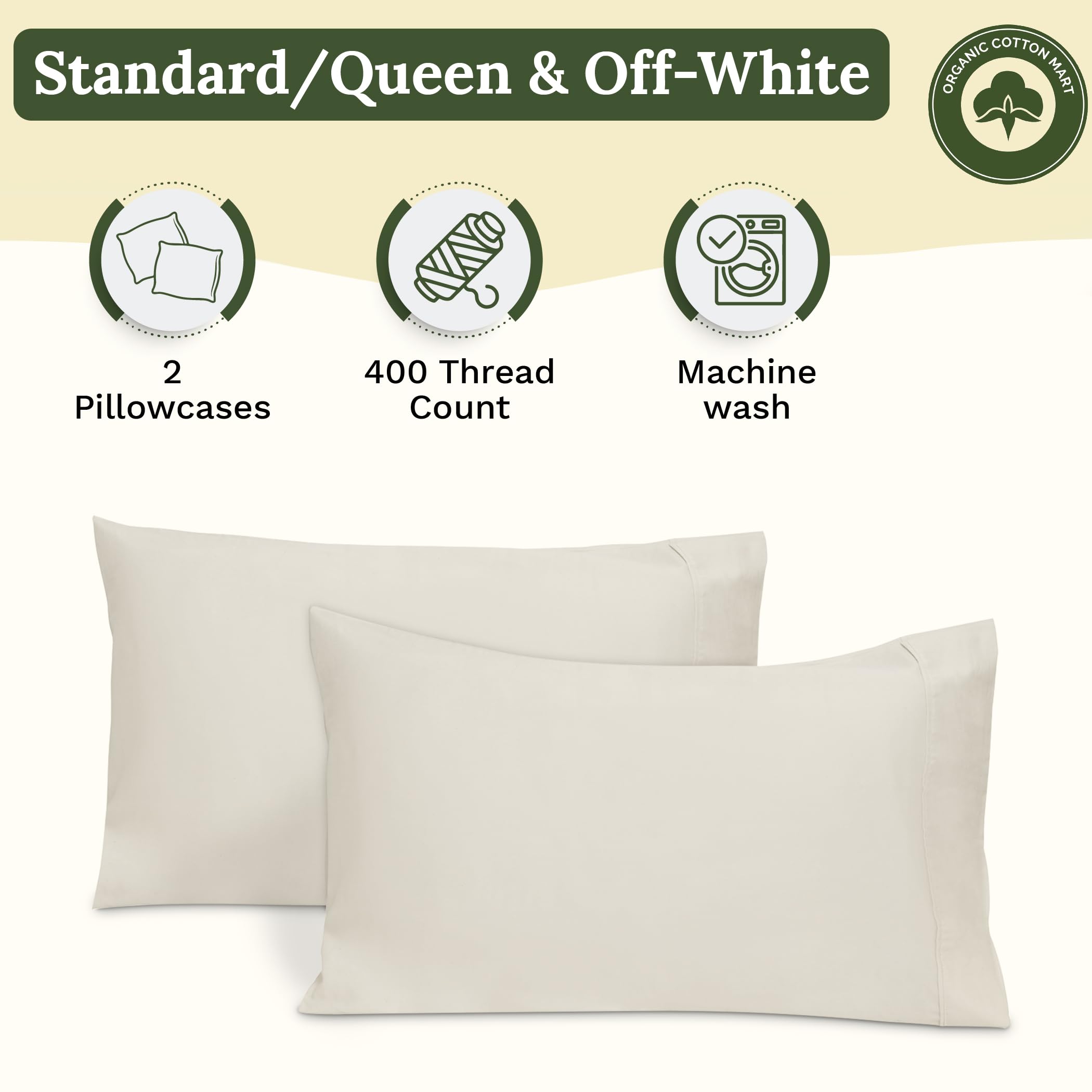 Organic Cotton Standard Size Pillowcases - Off-White, GOTS Certified, 400 Thread Count, 21"x30", Unbleached, Dye-Free All Natural 100% Cotton Pillow Cases (Off-White, Standard Size - Set of 2)