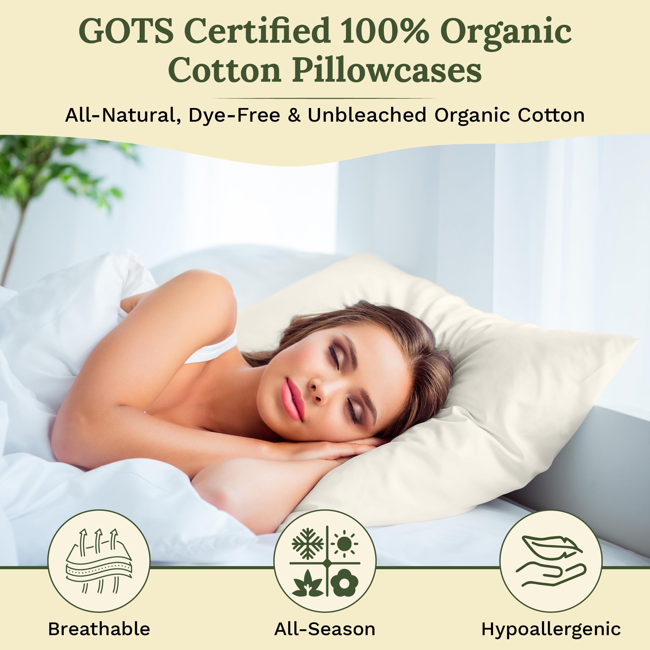 Organic Cotton Standard Size Pillowcases - Off-White, GOTS Certified, 400 Thread Count, 21"x30", Unbleached, Dye-Free All Natural 100% Cotton Pillow Cases (Off-White, Standard Size - Set of 2)