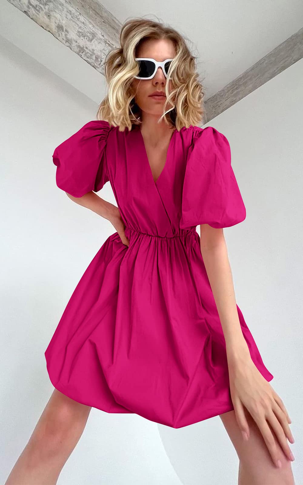 PRETTYGARDEN Women's Summer Puff Sleeve Short Mini Dress Flowy Ruffle V Neck A Line Wrap Dresses (Rose Red,Medium)