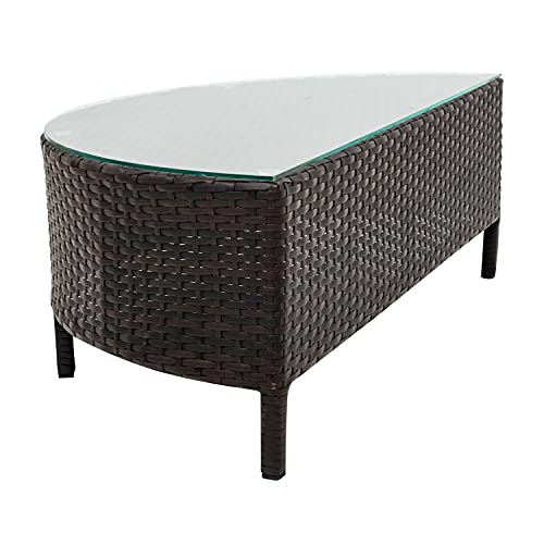Merax Weather Brown PE Rattan Wicker Outdoor Patio Sectional Furniture Half-Moon Sofa Set with Tempered Glass Table, Beige,5 Piece