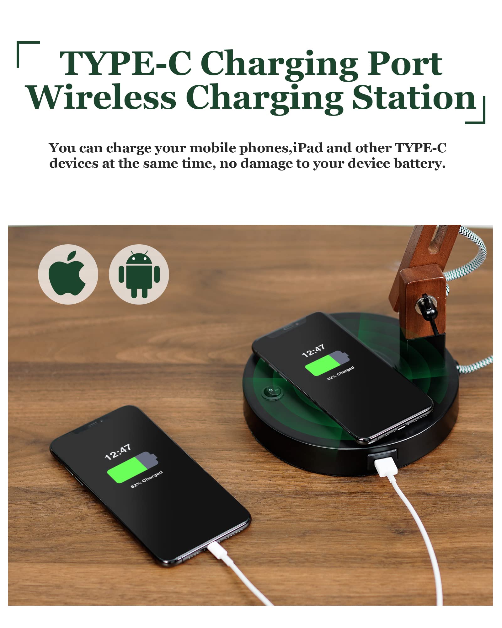 ELYONA LED Sapele Wood Desk Lamp with Upgraded Wireless Charger & USB C Charging Port Modern Table Lamp Swing Arm Bedside Reading Task Light for Dorm Office Bedroom Living Room Bulb Included Black