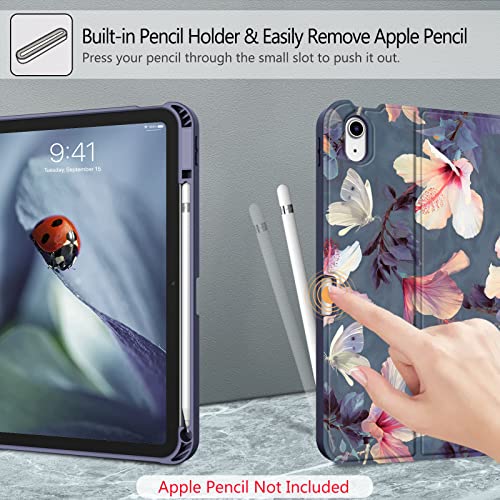 Fintie Keyboard Case for iPad 10th Generation 10.9 Inch Tablet (2022 Release) with Pencil Holder - Soft TPU Back Cover with Magnetically Detachable Bluetooth Keyboard, Blooming Hibiscus