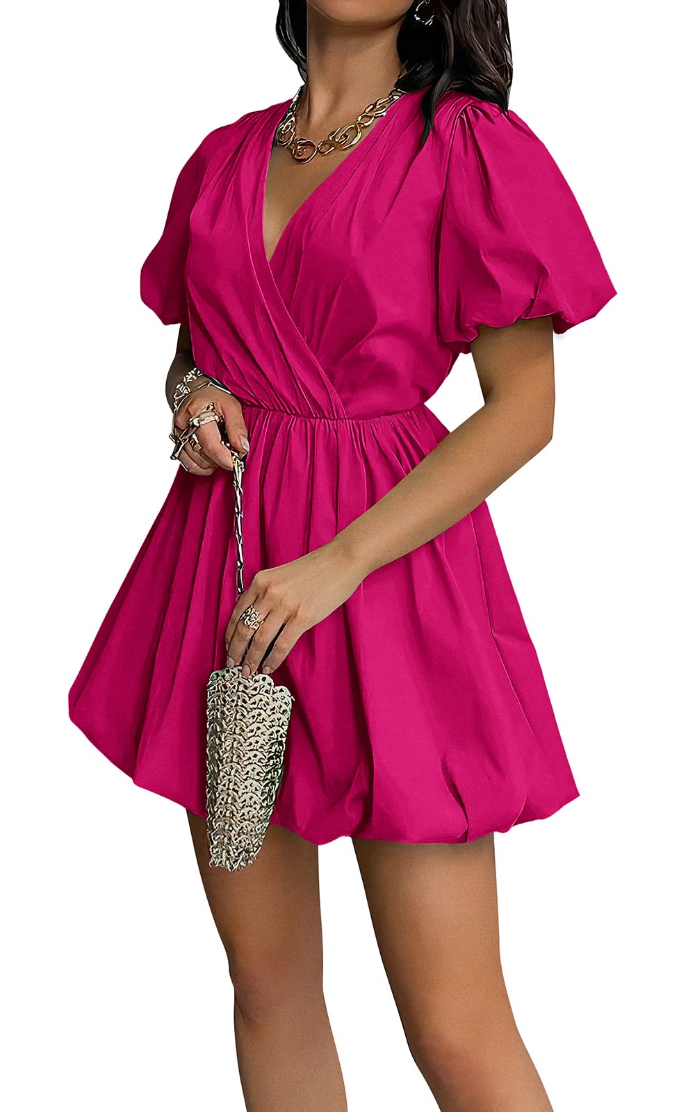 PRETTYGARDEN Women's Summer Puff Sleeve Short Mini Dress Flowy Ruffle V Neck A Line Wrap Dresses (Rose Red,Medium)