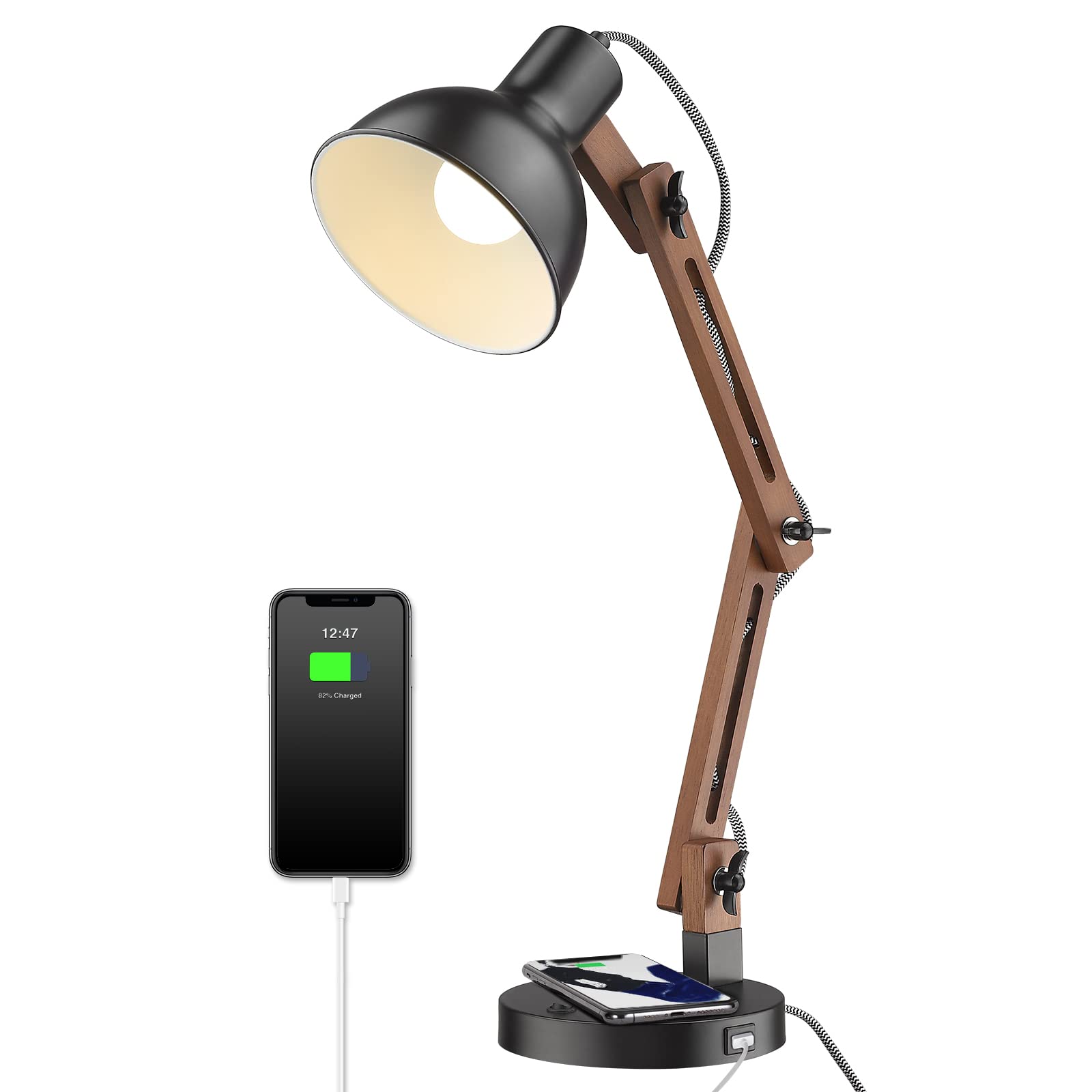 ELYONA LED Sapele Wood Desk Lamp with Upgraded Wireless Charger & USB C Charging Port Modern Table Lamp Swing Arm Bedside Reading Task Light for Dorm Office Bedroom Living Room Bulb Included Black