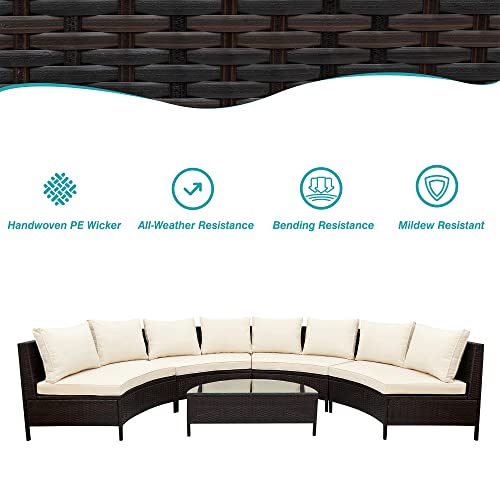 Merax Weather Brown PE Rattan Wicker Outdoor Patio Sectional Furniture Half-Moon Sofa Set with Tempered Glass Table, Beige,5 Piece