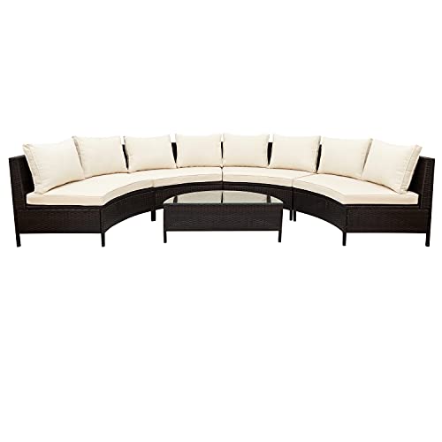 Merax Weather Brown PE Rattan Wicker Outdoor Patio Sectional Furniture Half-Moon Sofa Set with Tempered Glass Table, Beige,5 Piece
