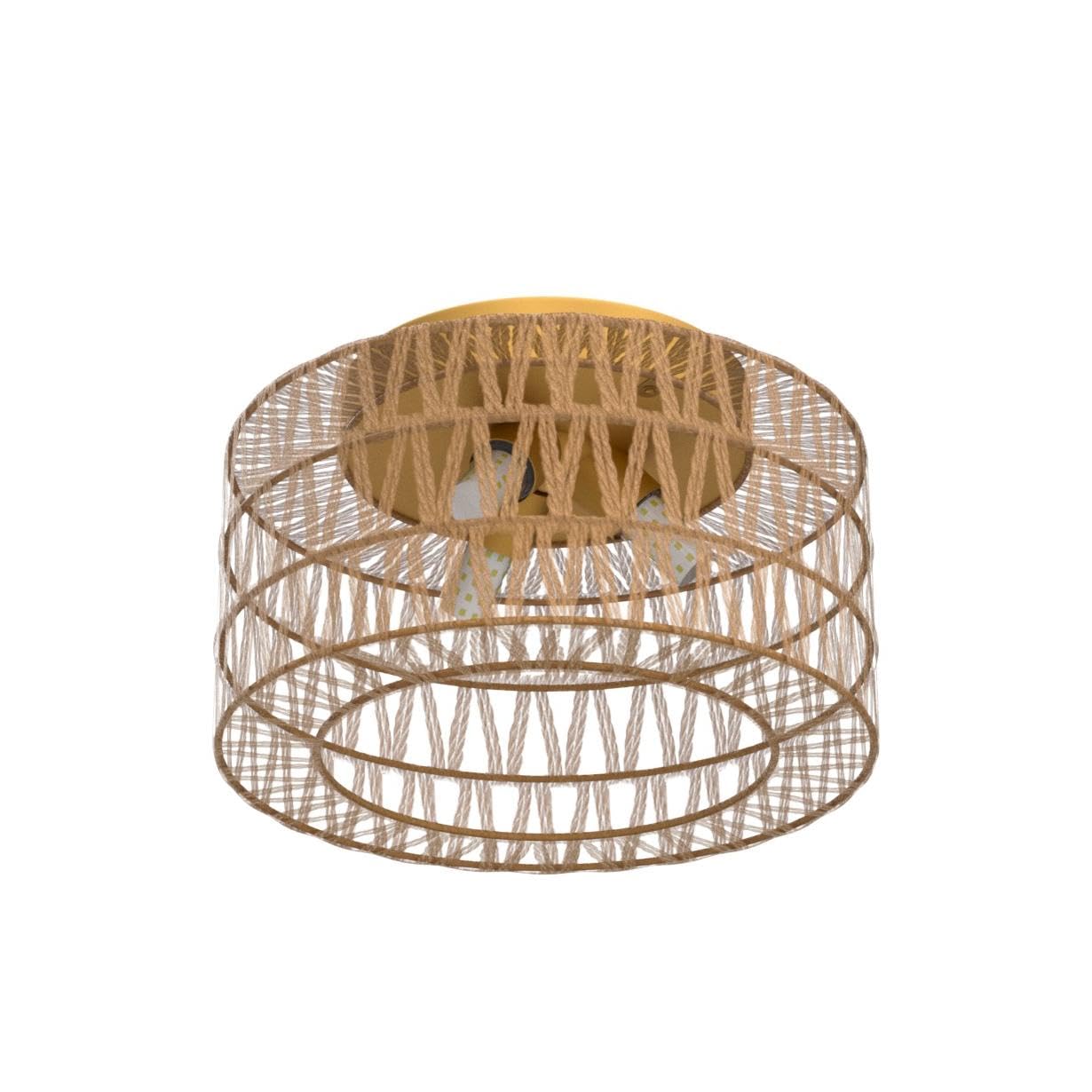 Rattan Light Fixtures Ceiling Mount, 3-Lights Boho Flush Mount Ceiling Light, Hand-Woven Cage Shade Lamp Lighting, Rustic Rattan Chandelier for Hallway Bedroom Kitchen Farmhouse Foyer Entryway (Gold)