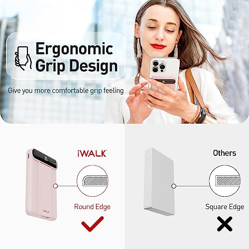 iWALK MAG-X Magnetic Wireless Power Bank with Stand, 5000mAh Portable Charger with USB-C Port & LED Display, Ergonomic Grip Design Battery Pack Compatible with iPhone 15/14/13/12 Series,For iOS17 Mode
