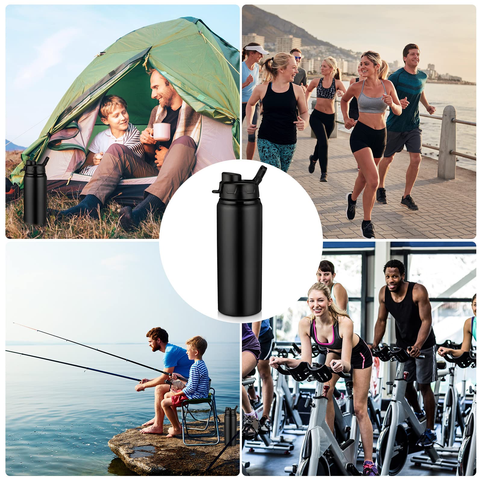 Shellwei 10 Pcs Aluminum Metal Water Bottles Bulk 24 oz Lightweight Leak Proof Sports Water Bottle with Snap Lid Reusable Bottle for Travel Camping Hiking(Black)