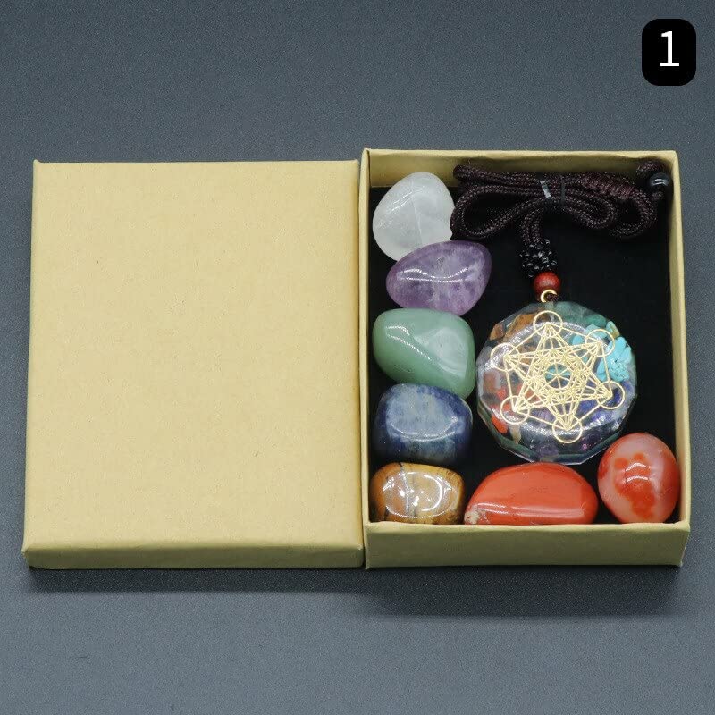 HXSCOO 7 Chakra Stones Healing Crystals Metatron Cube Resin Pendant Spiritual Enhance Set Gift Box (Color : with Gift Box)