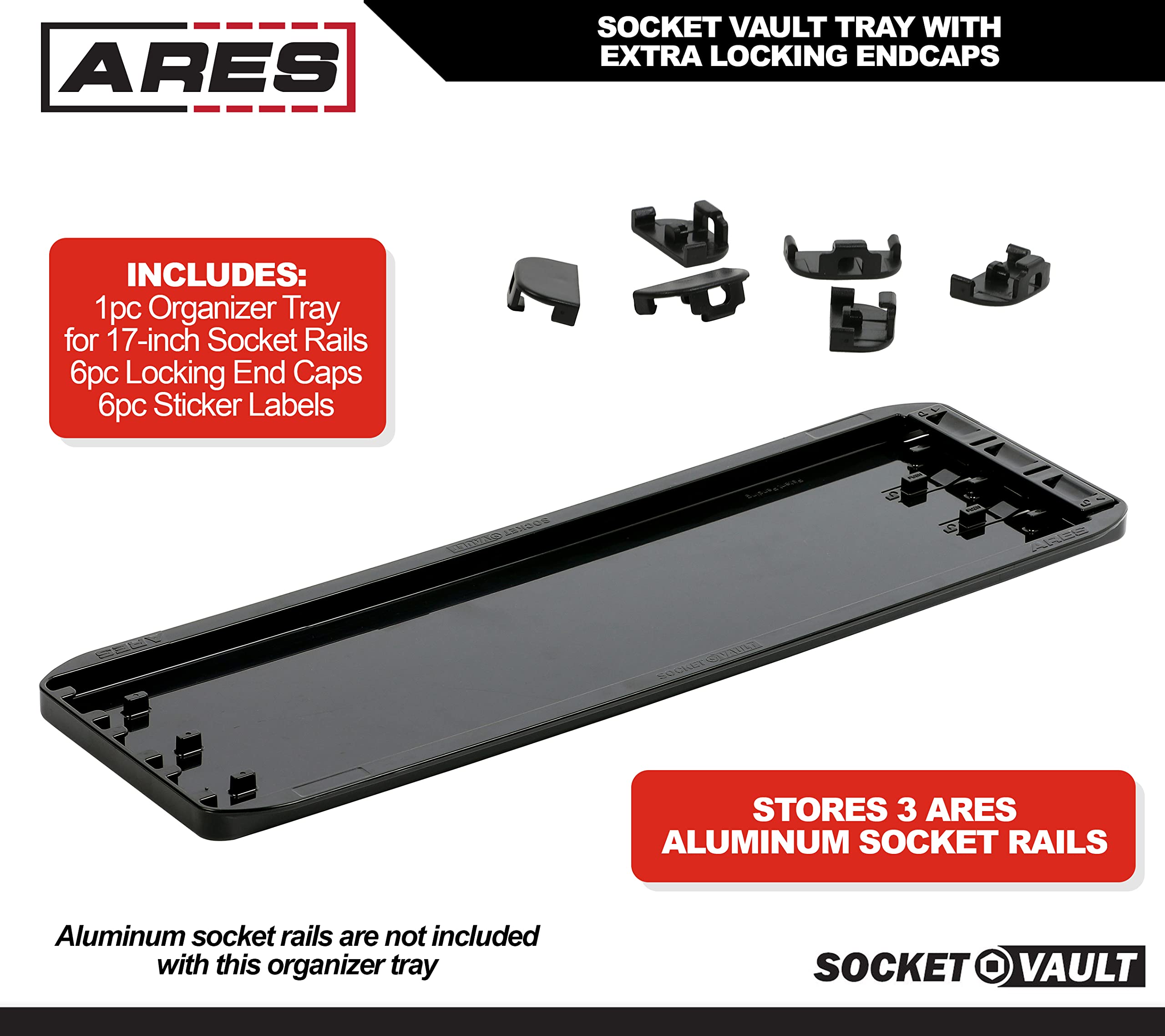 ARES 60142 - SOCKET VAULT 3-Piece 17.5-Inch Socket Rail Organizer Tray β Reinforced Plastic Tray Locks 3 17-Inch Aluminum Rails in Place β Includes 6 Locking End Caps for ARES Aluminum Socket Rails