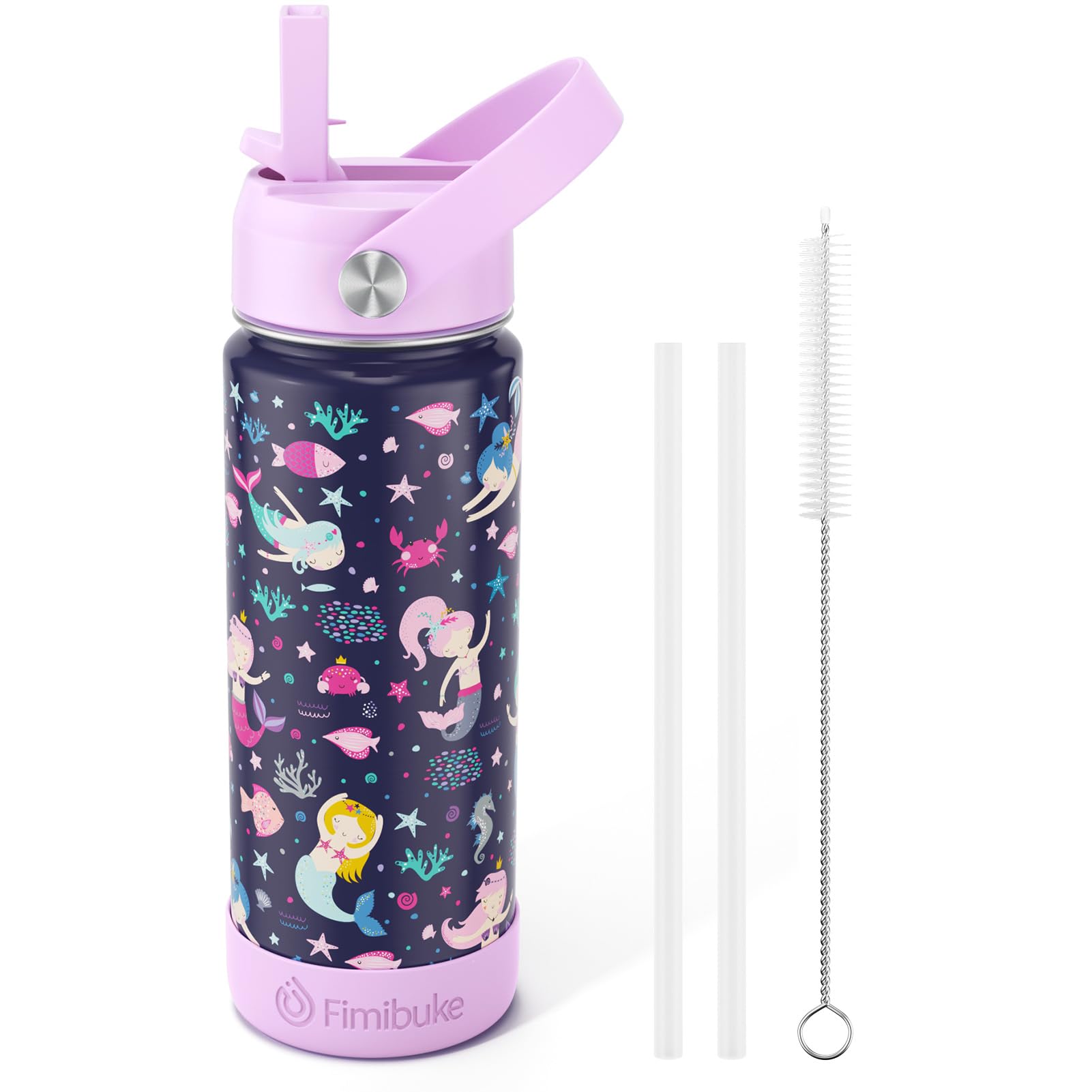 Fimibuke Kids Insulated Water Bottle, 18oz BPA FREE 18/8 Stainless Steel Kids Cup with Straw Travel Tumbler Double Wall Vacuum Leak Proof Toddler Water Bottle for School Boys Girls(1 Pack, Mermaid)