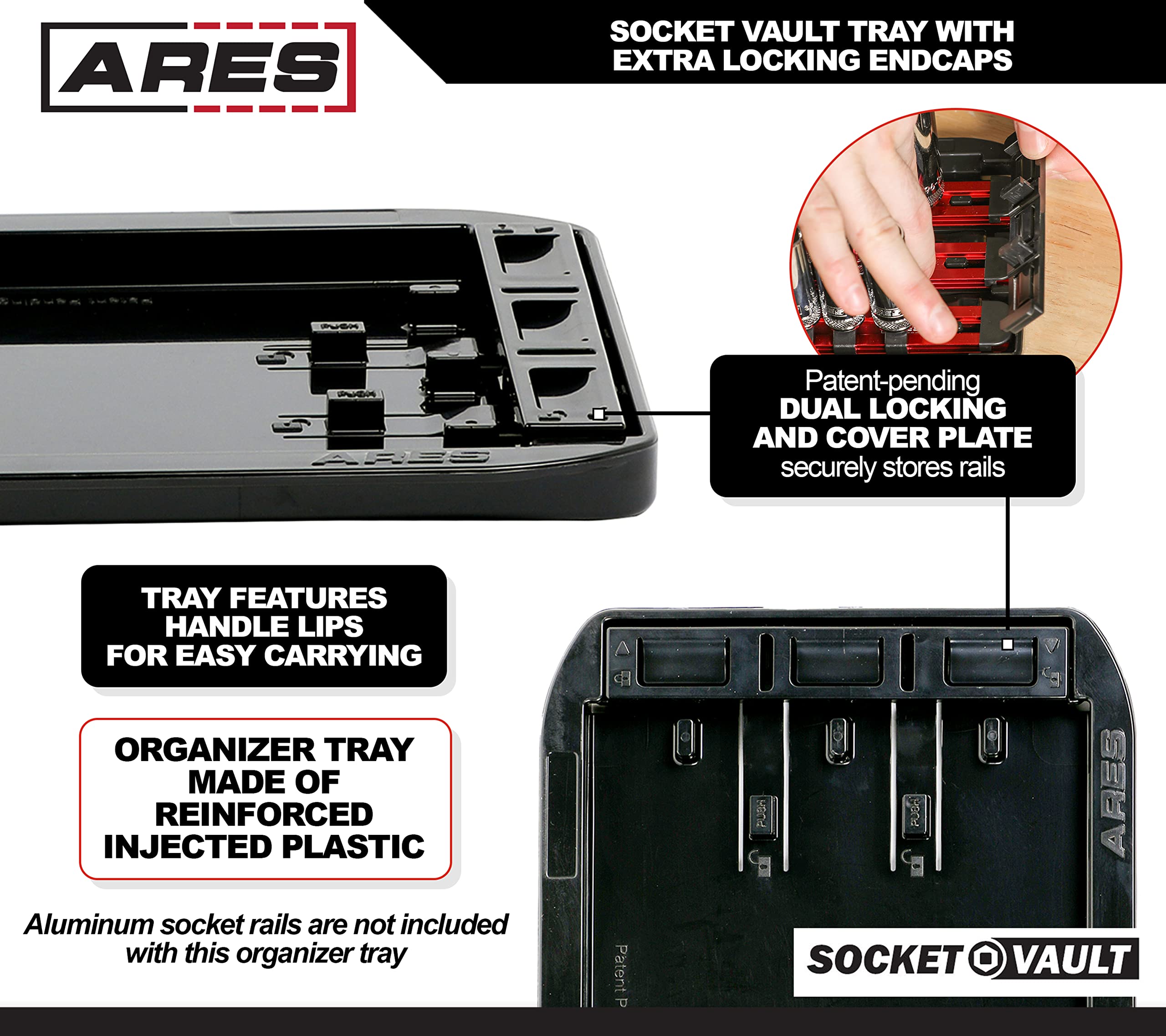 ARES 60142 - SOCKET VAULT 3-Piece 17.5-Inch Socket Rail Organizer Tray β Reinforced Plastic Tray Locks 3 17-Inch Aluminum Rails in Place β Includes 6 Locking End Caps for ARES Aluminum Socket Rails