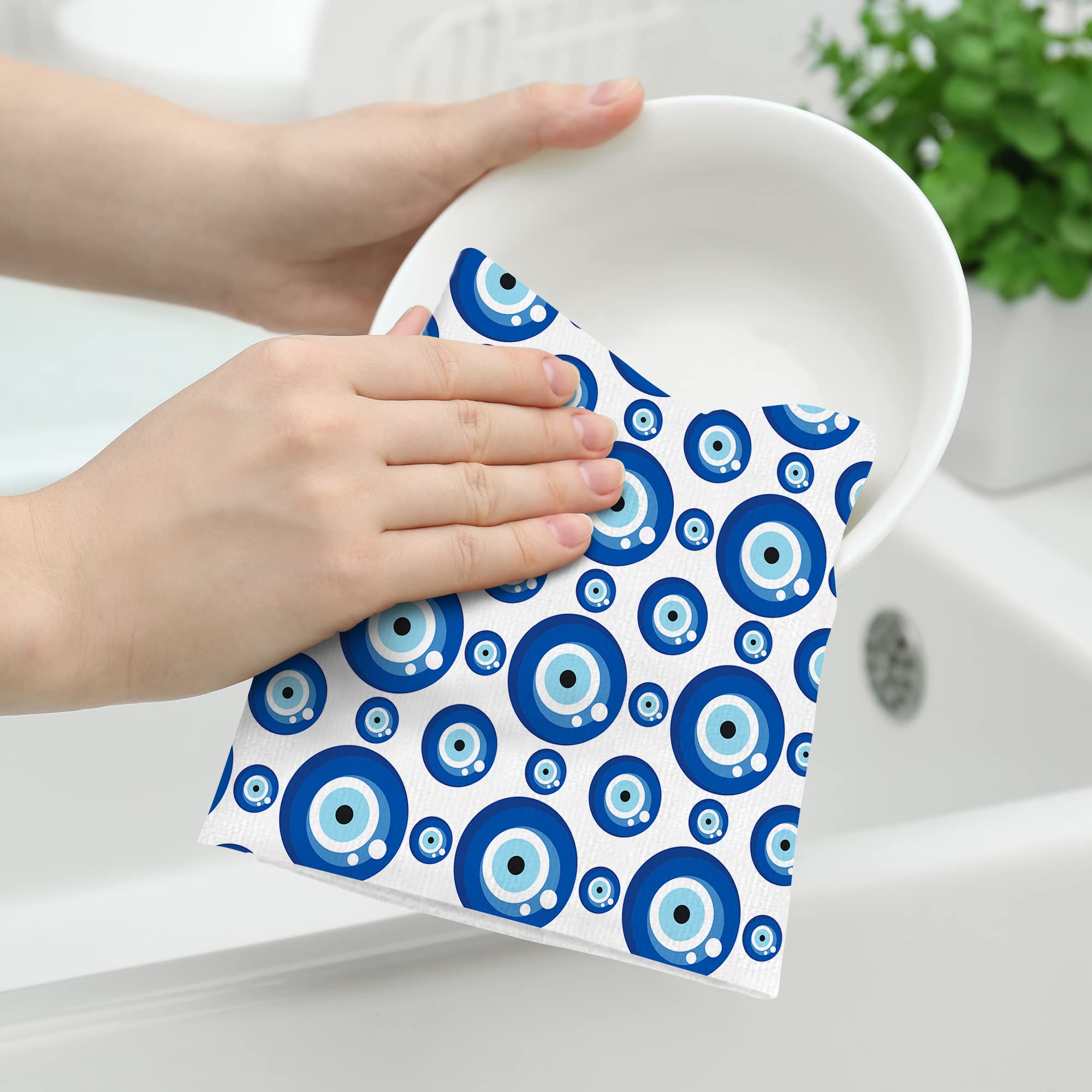 Bapcoku Blue Evil Eyes Kitchen Dish Towels 16"x 24" Cotton Absorbent Drying Cloth Tea Towels Hand Towels 2 Pack for Cooking Baking Farmhouse Home Decor