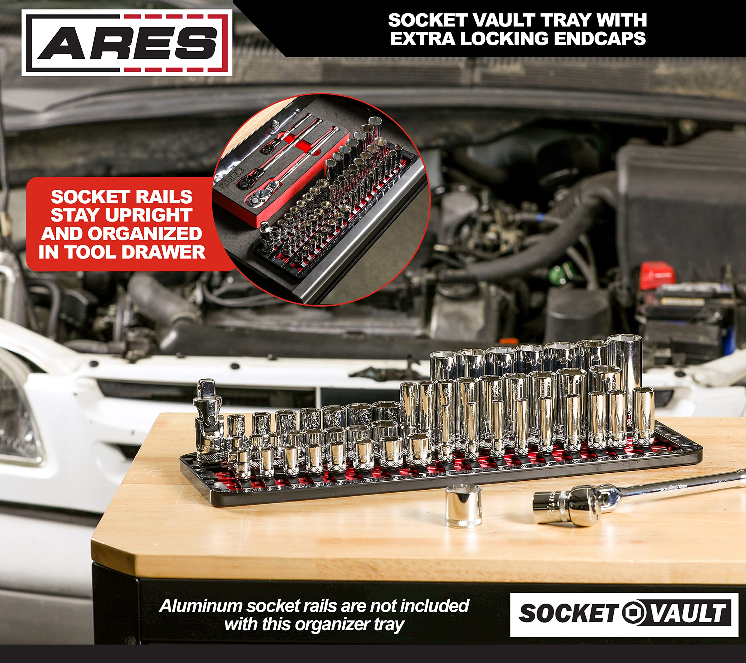 ARES 60142 - SOCKET VAULT 3-Piece 17.5-Inch Socket Rail Organizer Tray β Reinforced Plastic Tray Locks 3 17-Inch Aluminum Rails in Place β Includes 6 Locking End Caps for ARES Aluminum Socket Rails