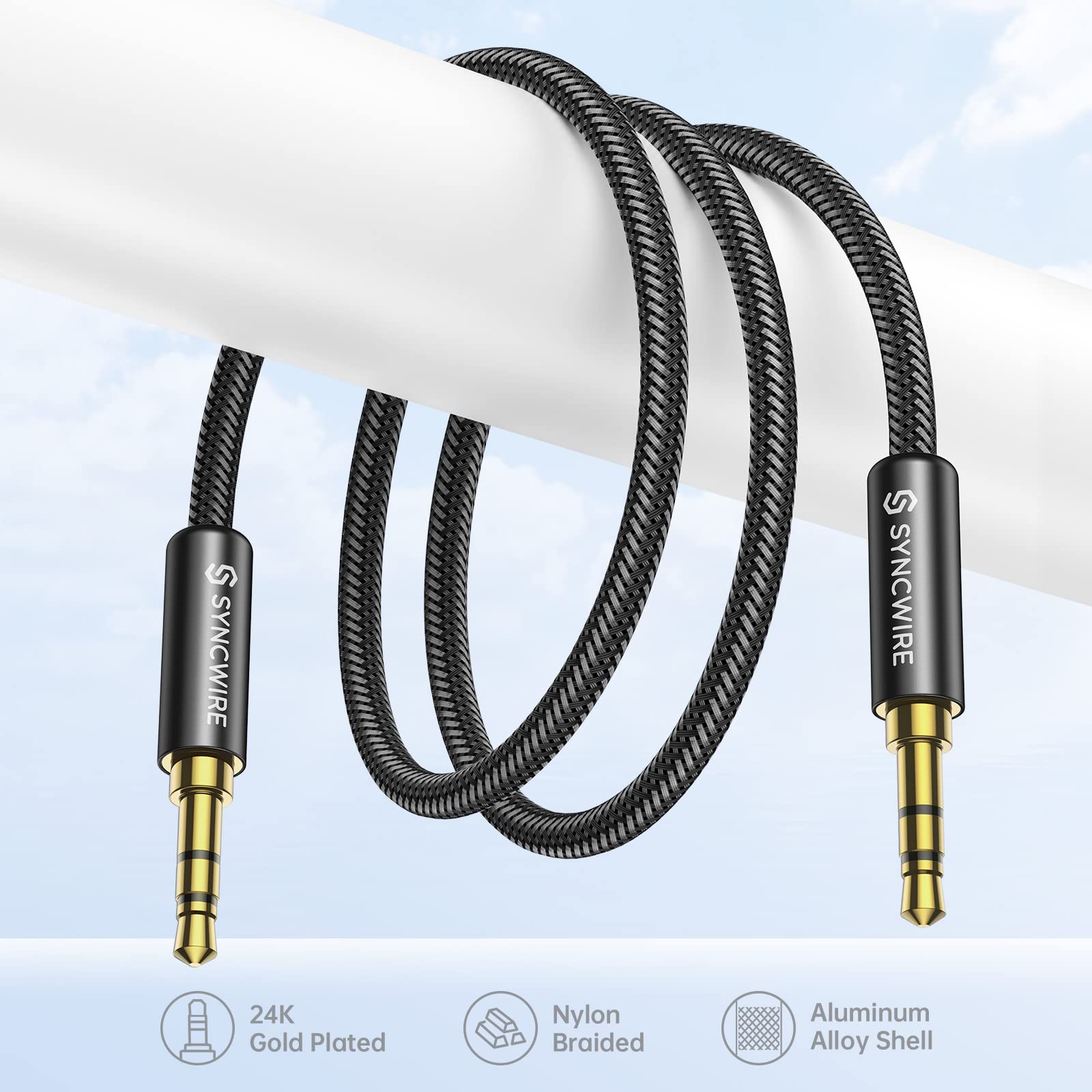 Syncwire 3.5mm Nylon Braided Aux Cable (32.8ft/10m, Hi-Fi Sound), Audio Auxiliary Input Adapter Male to Male AUX Cord for Headphones, Car, Home Stereo, Speaker, iPhone, iPad, iPod, Echo & More - Black