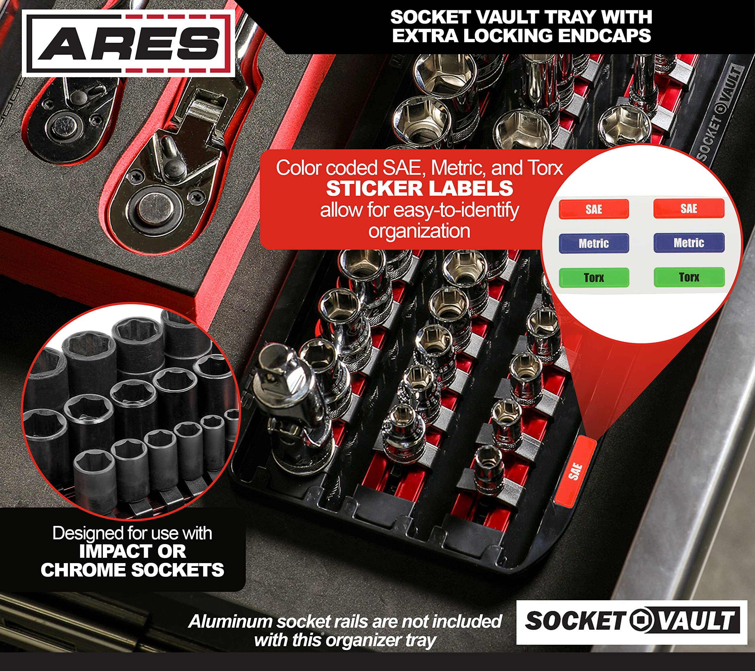 ARES 60142 - SOCKET VAULT 3-Piece 17.5-Inch Socket Rail Organizer Tray β Reinforced Plastic Tray Locks 3 17-Inch Aluminum Rails in Place β Includes 6 Locking End Caps for ARES Aluminum Socket Rails