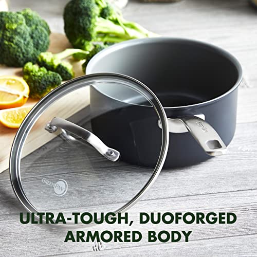GreenPan Chatham Hard Anodized Healthy Ceramic Nonstick, 1.1QT and 2.1 QT Saucepan Set with Lids, PFAS-Free, Dishwasher Safe, Oven Safe, Gray