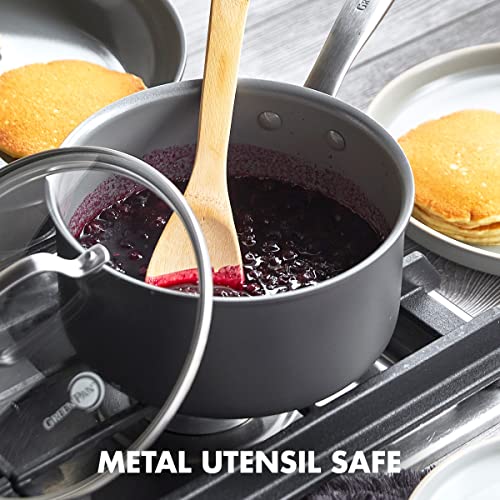 GreenPan Chatham Hard Anodized Healthy Ceramic Nonstick, 1.1QT and 2.1 QT Saucepan Set with Lids, PFAS-Free, Dishwasher Safe, Oven Safe, Gray