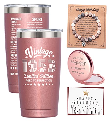 Xinezaa 70th Birthday Gifts Set for Men Women, 70th Birthday Gift for Friend Coworker Wife Mom Aunt Grandma, Happy 70 Years Old Birthday Party Decorations, 20oz Tumbler Cup, Rose Gold