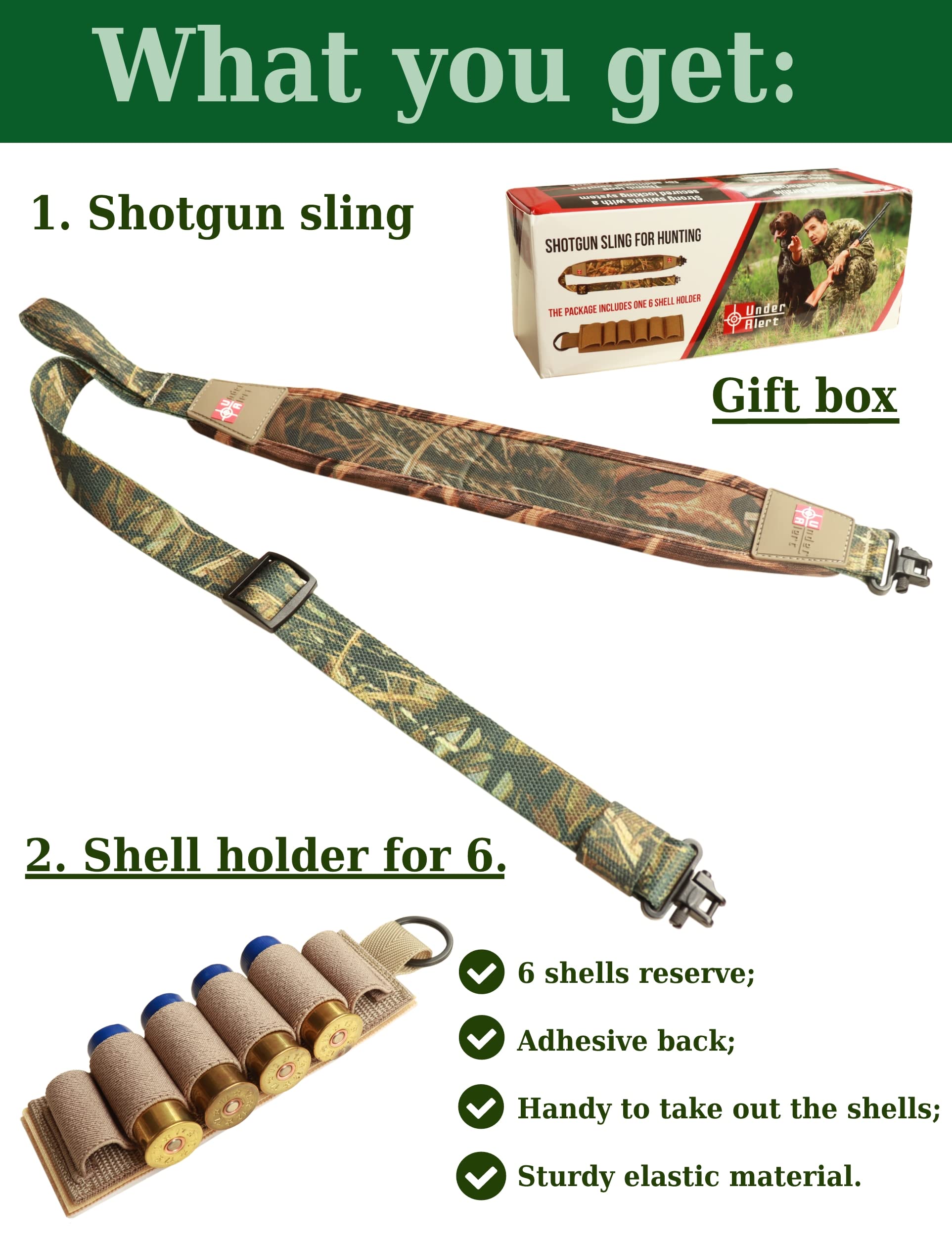 Underalert Rifle Sling with Metal Swivels and Neoprene Padding, Adjustable Gun Sling Shotgun Sling for Hunting with Shell Holder Acc. Gun Strap for Rifle 2 Point, For 12GAs and Rifles (Waterfowl Camo)