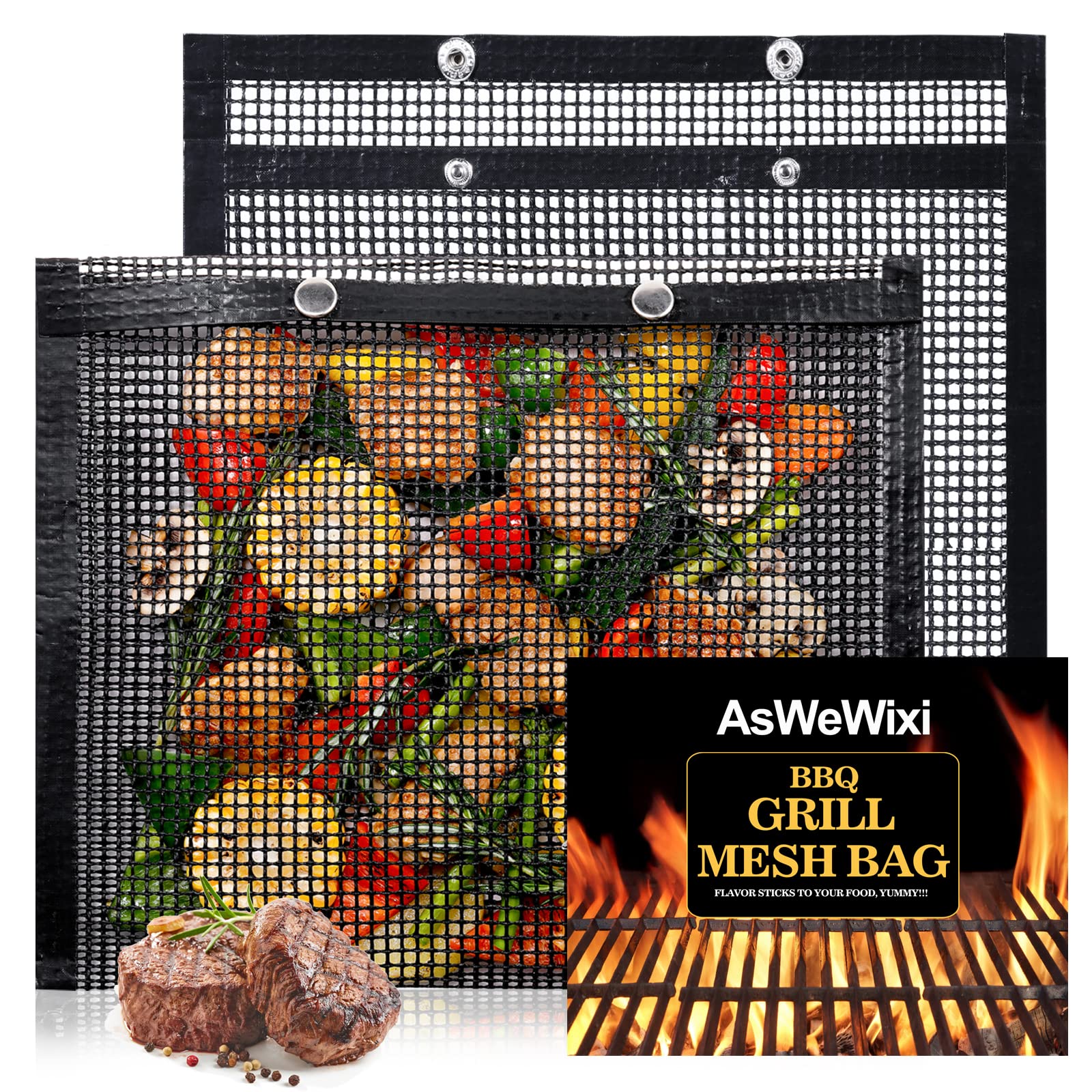 2 PCS BBQ Mesh Grill Bags for Outdoor Grill, Non-Stick Barbecue Bags Reusable for Charcoal Gas Electric Grills Smokers BBQ Veggie Grill Bags for Cooking Vegetables Grilling Bag Pouches Heat-Resistant