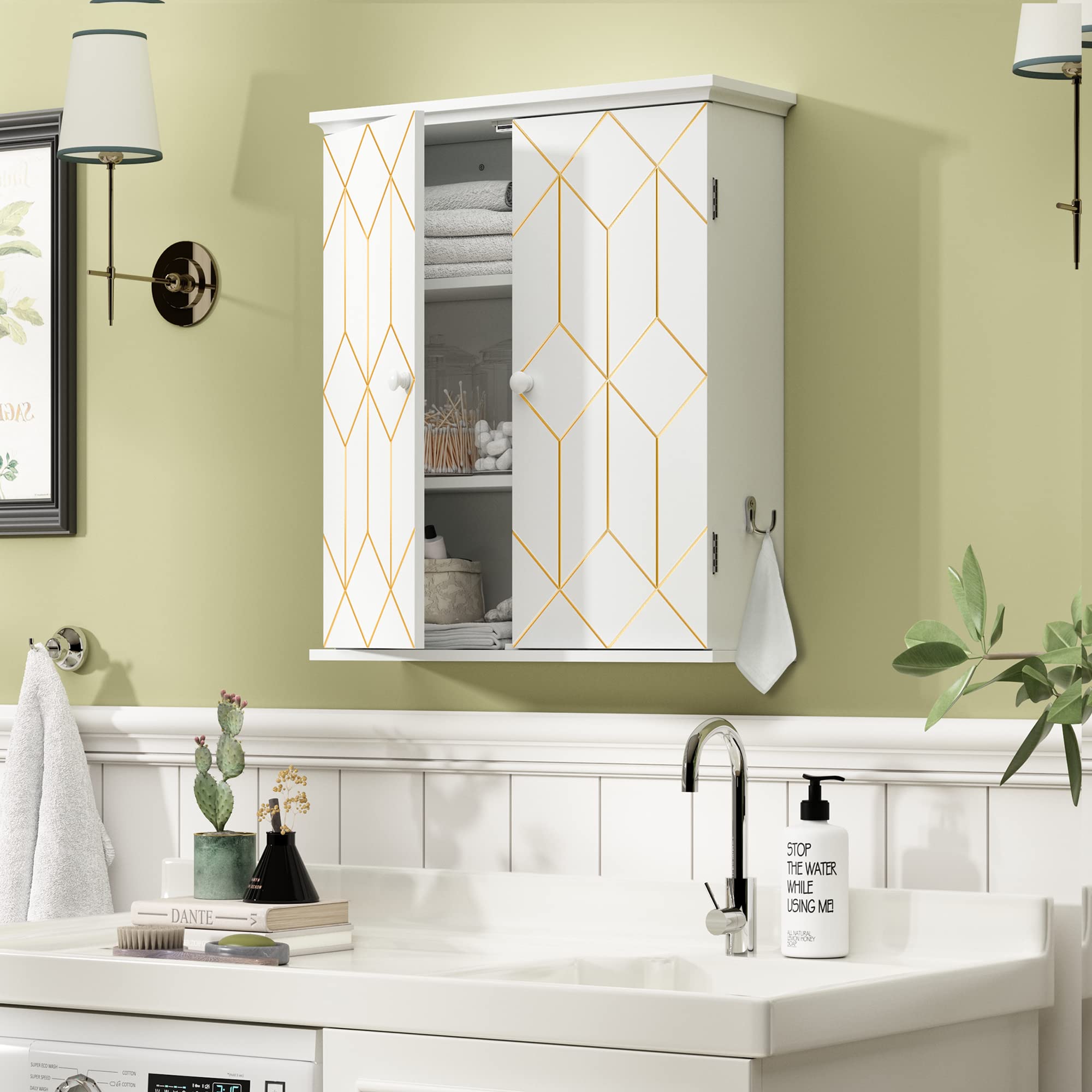 AZODY Bathroom Cabinet with Gold Trim, Wall-Mounted Bathroom Storage Cabinet with Adjustable Shelves and Side Hooks, Space Saver Medicine Cabinet for Livingroom, Laundry, Classical White