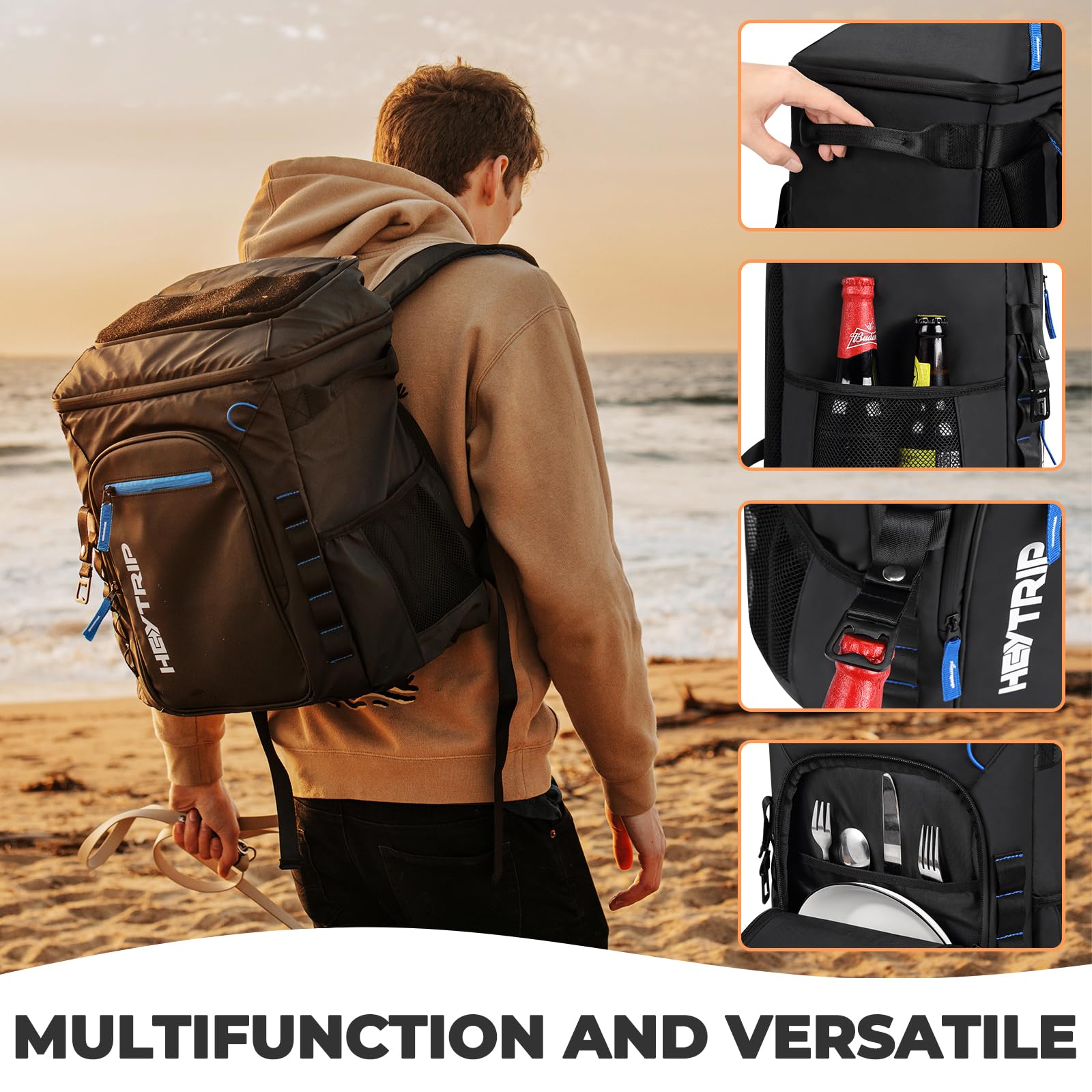 Heytrip Cooler Backpack 36 Cans Insulated Cooler Bag, Keep Freeze for 20 Hours, Waterproof & Leak-Proof Cooler with Multi-Compartments(Black)