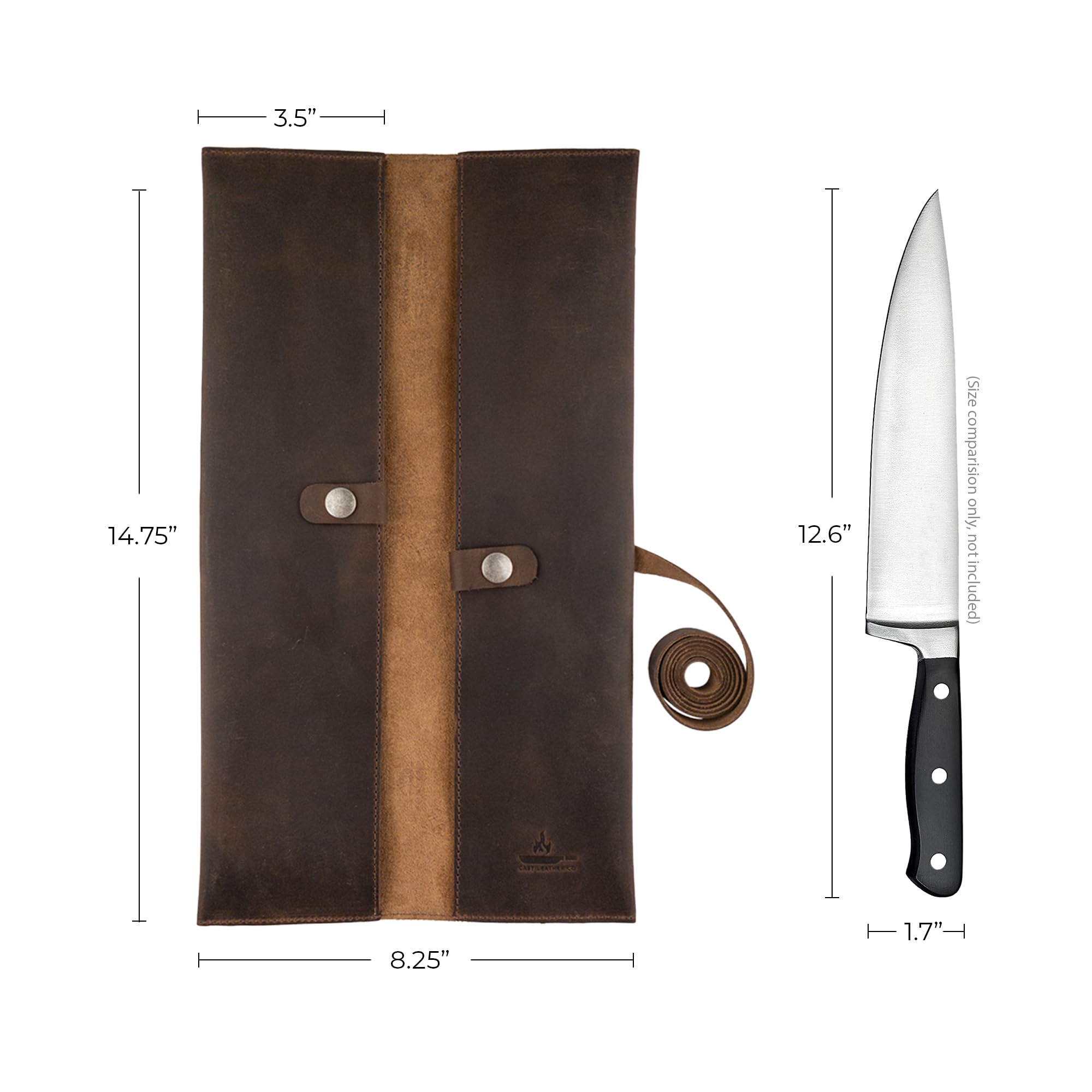 Cast Leather Co., Double Knife Roll for Chefs and Cooks, Vertical Case for Knives, Culinary Accessories, Carry-On Bag for Traveling, Full Grain Leather, Handmade, Bourbon Brown