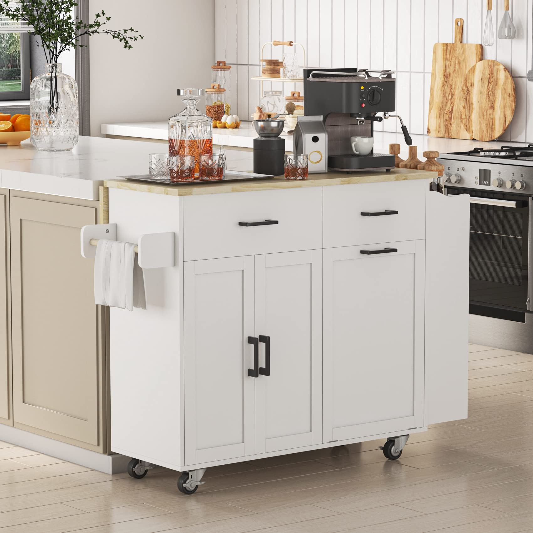 Osfvolr Rolling Kitchen Island with Trash Storage Cabinet, 2 Drawers, Kitchen Island with Drop Leaf, Kitchen Storage Islands Carts W/ 3 Spice Rack, Tilt Out Trash Cabinet, Island Table for Kitchen