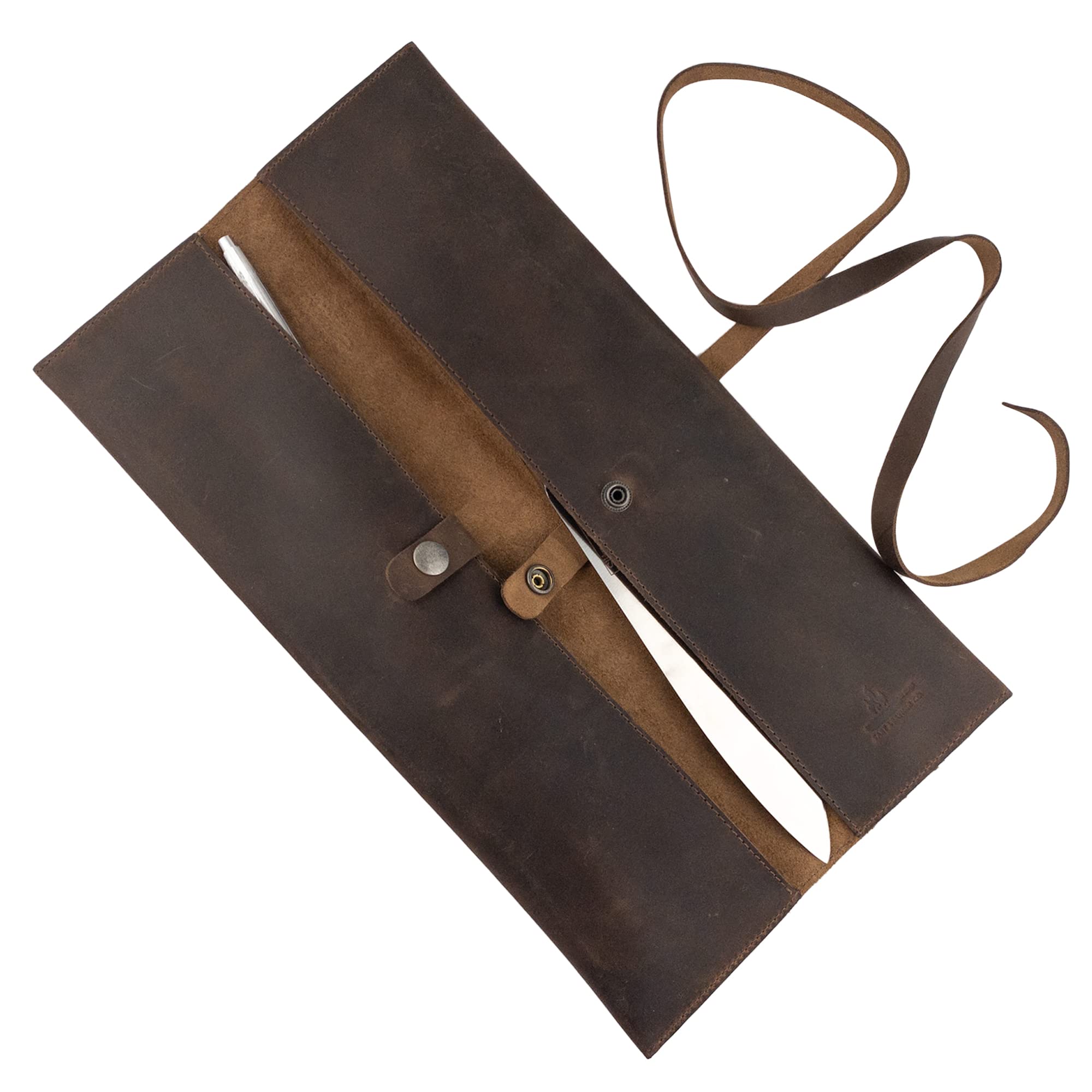 Cast Leather Co., Double Knife Roll for Chefs and Cooks, Vertical Case for Knives, Culinary Accessories, Carry-On Bag for Traveling, Full Grain Leather, Handmade, Bourbon Brown