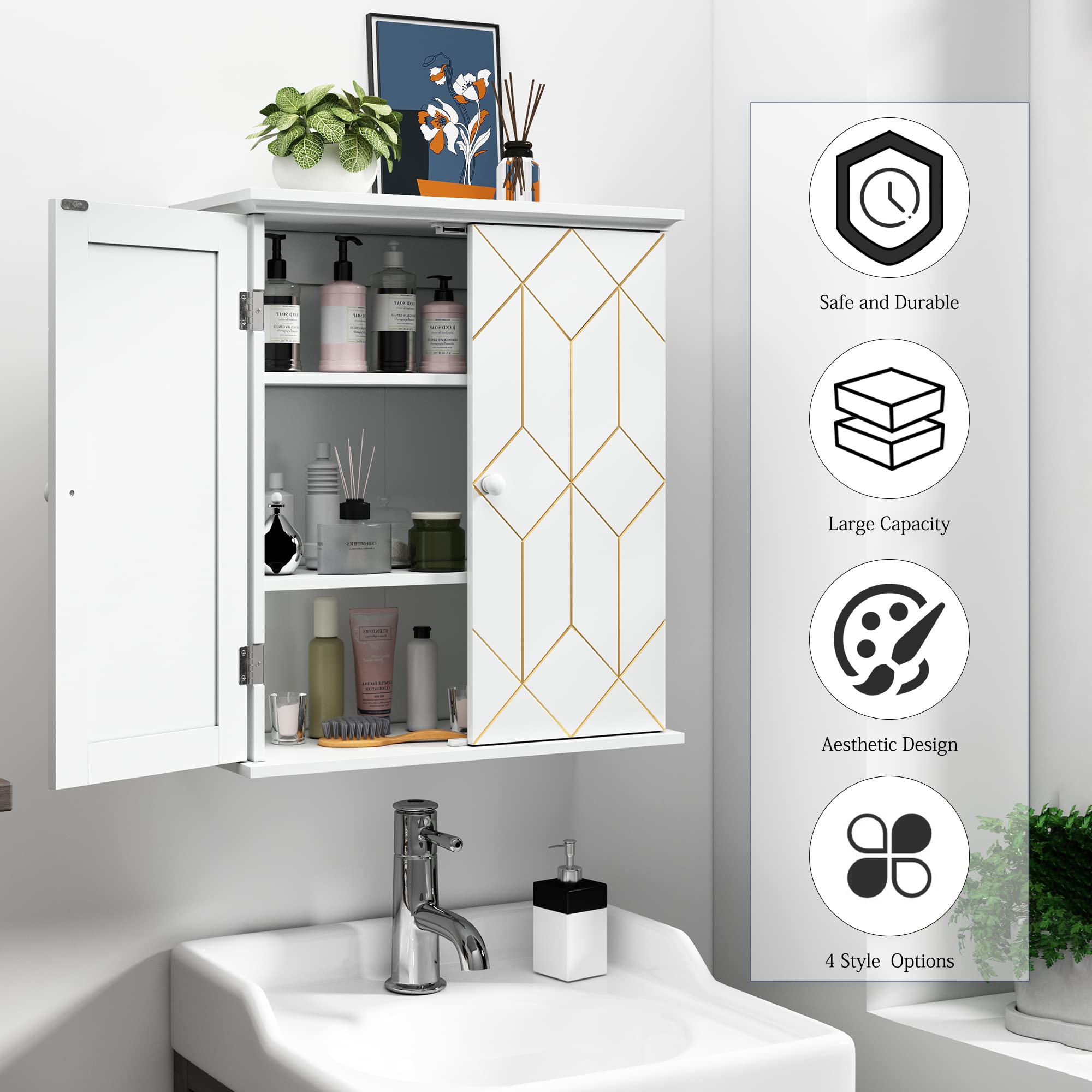 AZODY Bathroom Cabinet with Gold Trim, Wall-Mounted Bathroom Storage Cabinet with Adjustable Shelves and Side Hooks, Space Saver Medicine Cabinet for Livingroom, Laundry, Classical White