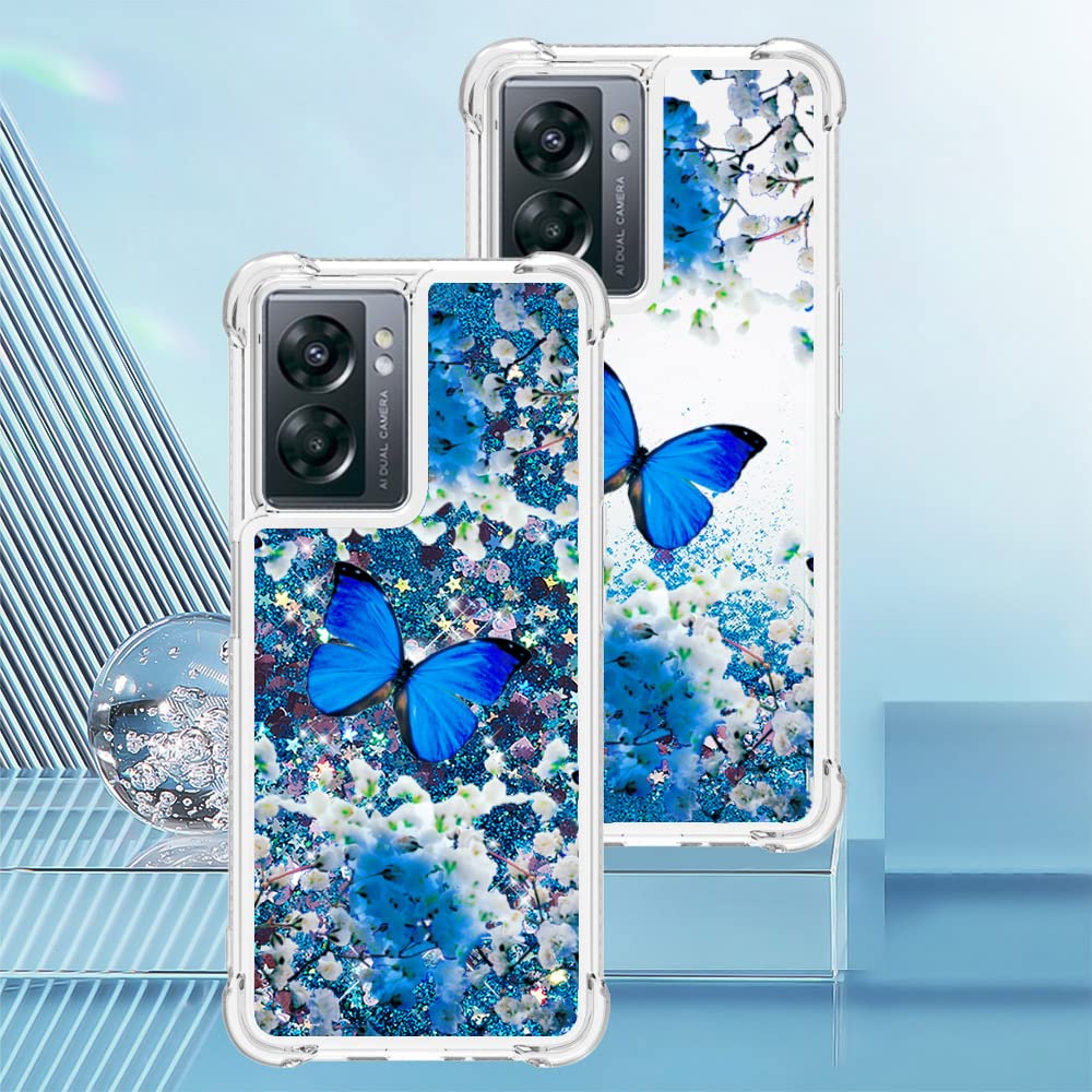 CAIYUNL Oneplus Nord N300 5G Case, Glitter Bling Floating Liquid Women Girls Phone Cover with Tempered Glass Screen Protector-Blue Butterfly