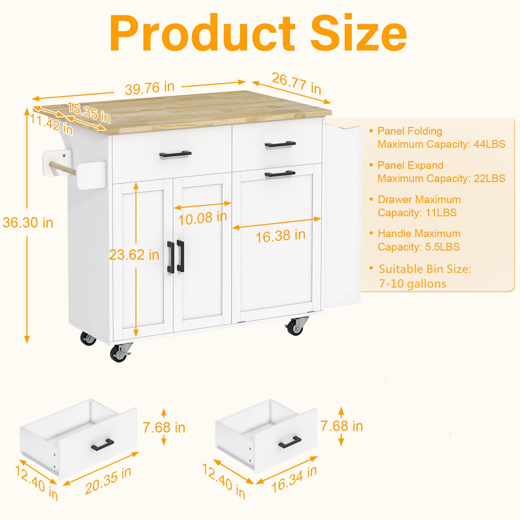 Osfvolr Rolling Kitchen Island with Trash Storage Cabinet, 2 Drawers, Kitchen Island with Drop Leaf, Kitchen Storage Islands Carts W/ 3 Spice Rack, Tilt Out Trash Cabinet, Island Table for Kitchen