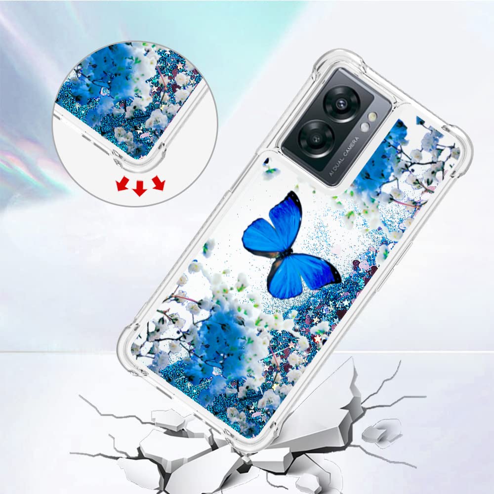 CAIYUNL Oneplus Nord N300 5G Case, Glitter Bling Floating Liquid Women Girls Phone Cover with Tempered Glass Screen Protector-Blue Butterfly