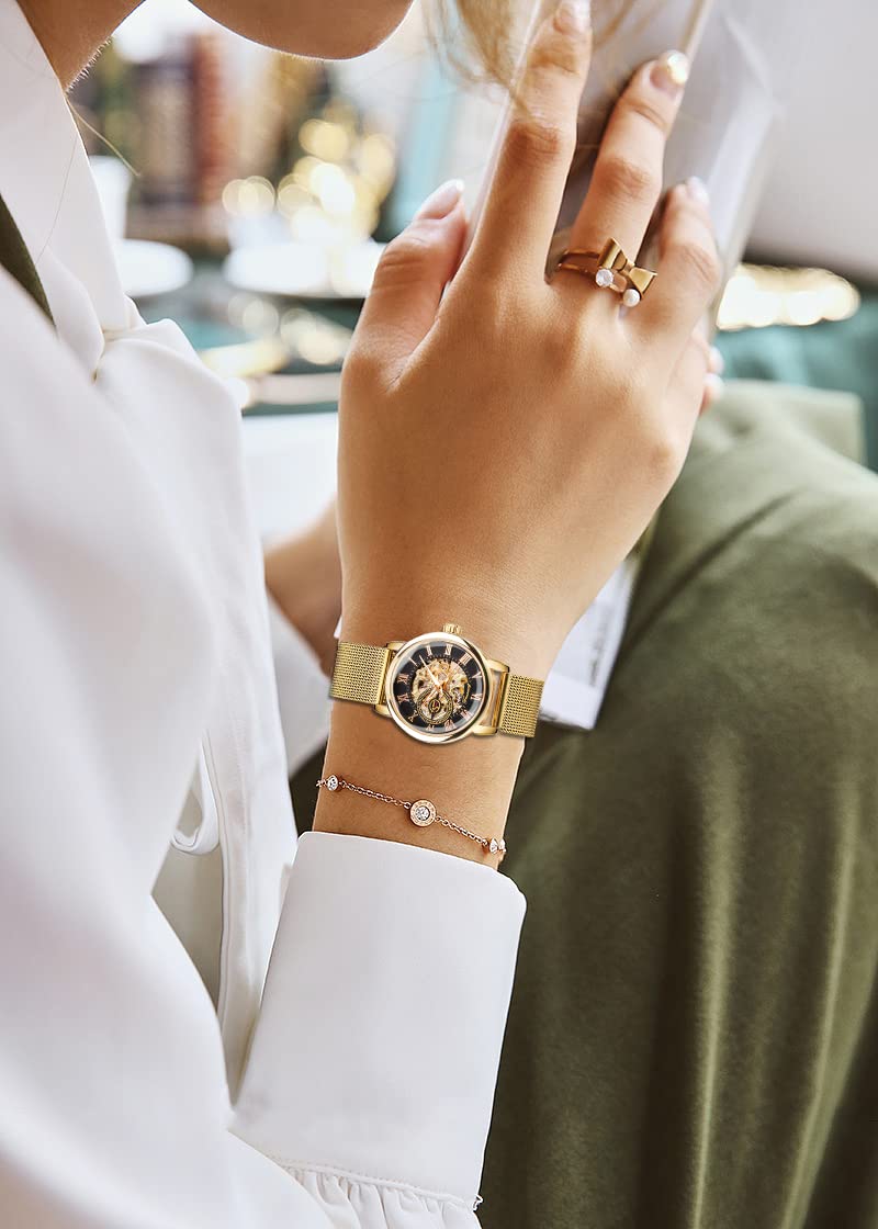 FORSINING Steampunk Watches Women's Skeleton Watch Golden Mechanical Watch for Women Minimalist Retro Design Staempunk Mechanical Skeleton Wrist Watch Transparent