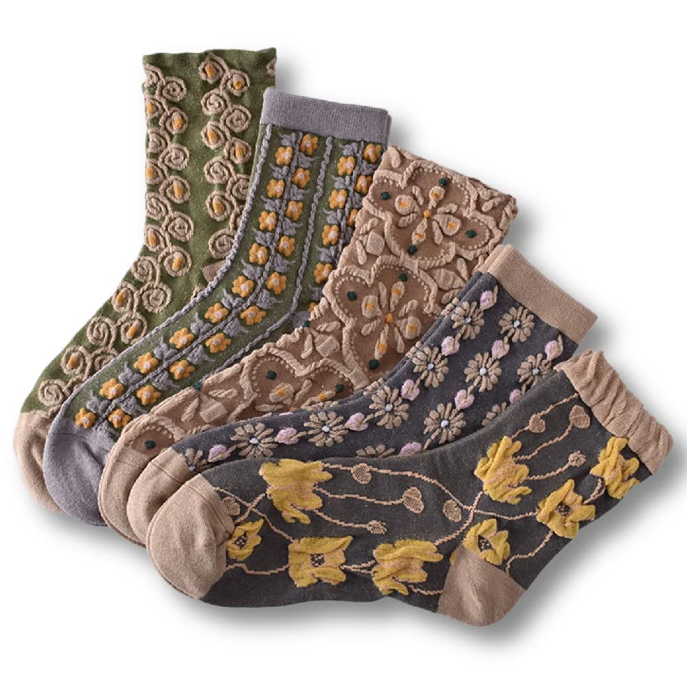 VETEVORY Women Vintage Pink Floral Patterned Cute Ruffle Cotton Ankle Socks 5 Pairs (Multi_A)