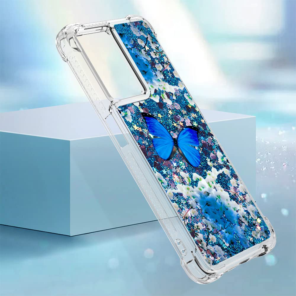CAIYUNL Oneplus Nord N300 5G Case, Glitter Bling Floating Liquid Women Girls Phone Cover with Tempered Glass Screen Protector-Blue Butterfly
