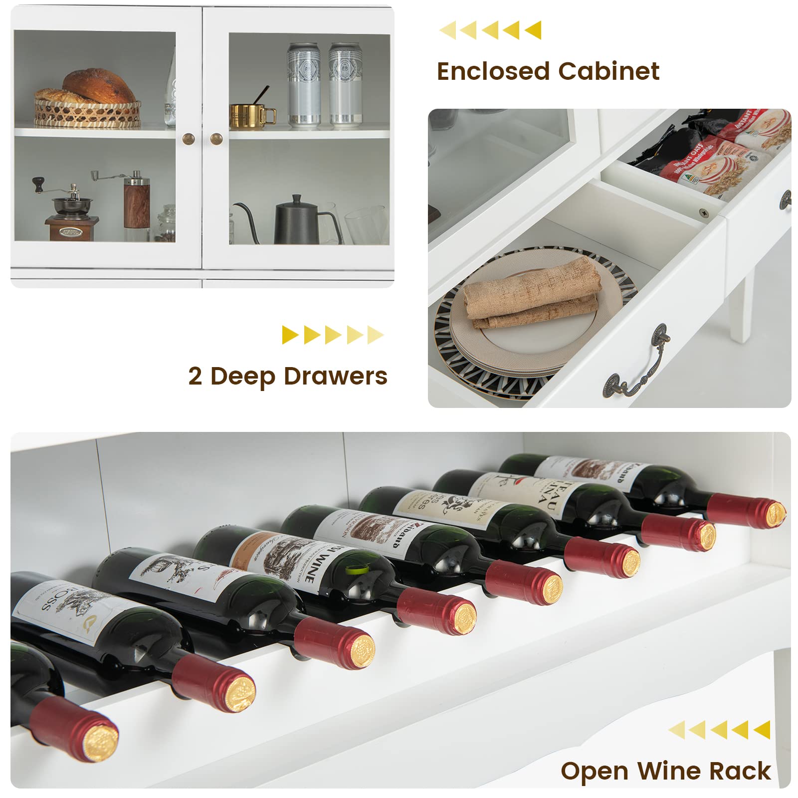 Giantex Wine Cabinet with Storage, Standing Buffet Sideboard with 2 Drawers, 2 Tempered Glass Doors, Open Wine Rack, Anti-toppling Assembly, Coffee Bar Station for Living Room, White & Vermilion