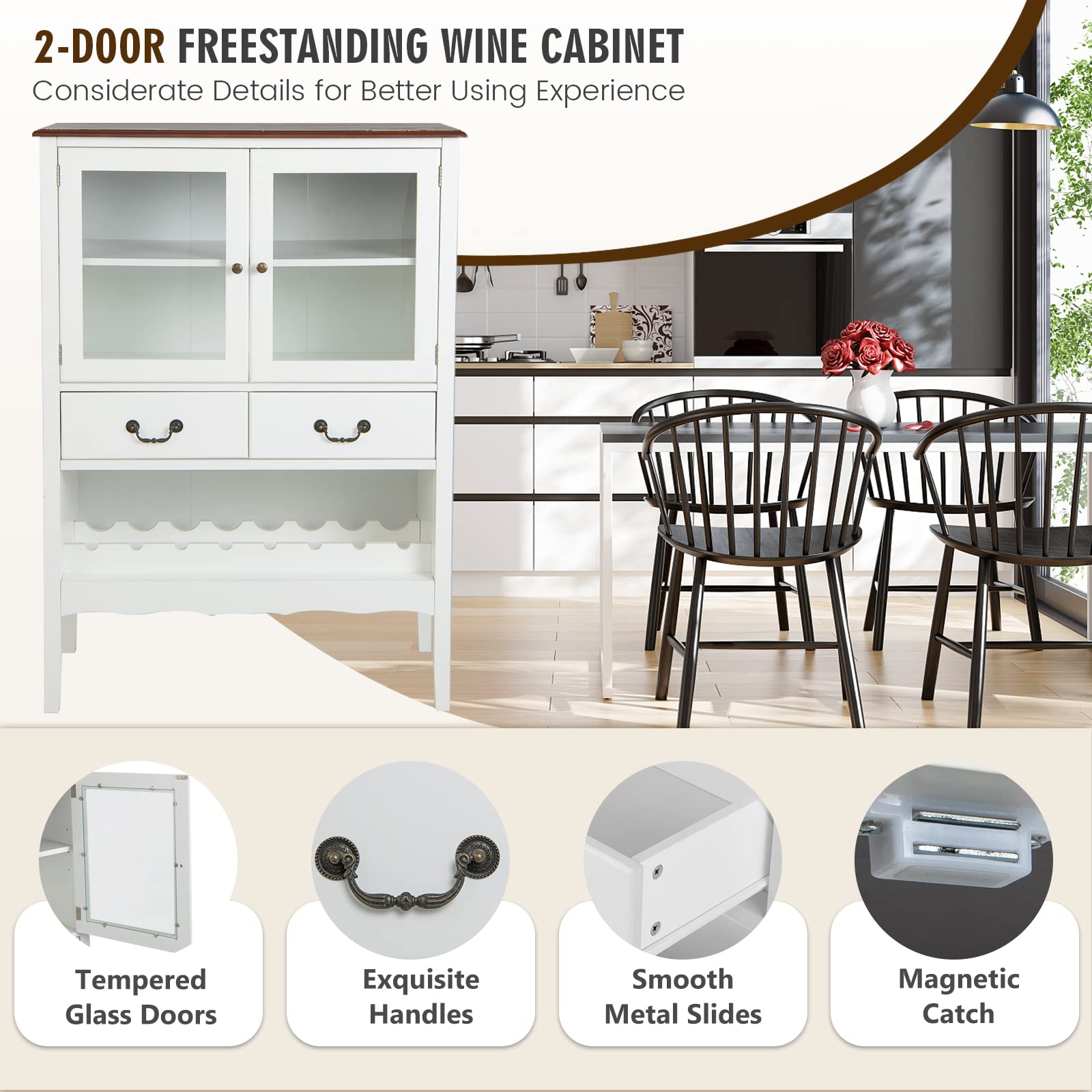 Giantex Wine Cabinet with Storage, Standing Buffet Sideboard with 2 Drawers, 2 Tempered Glass Doors, Open Wine Rack, Anti-toppling Assembly, Coffee Bar Station for Living Room, White & Vermilion