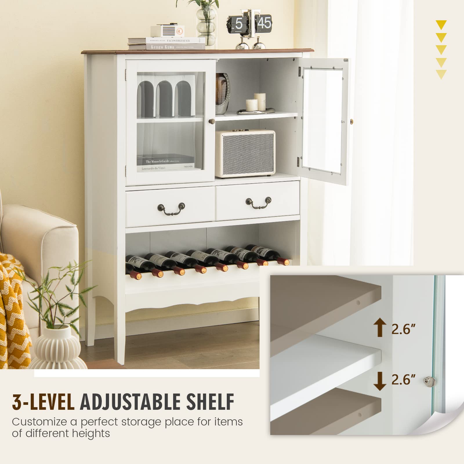 Giantex Wine Cabinet with Storage, Standing Buffet Sideboard with 2 Drawers, 2 Tempered Glass Doors, Open Wine Rack, Anti-toppling Assembly, Coffee Bar Station for Living Room, White & Vermilion