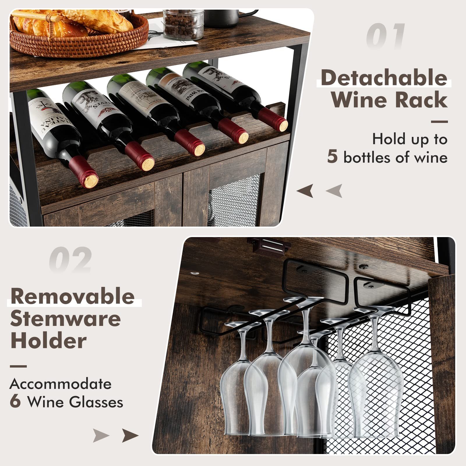 PETSITE Wine Bar Cabinet, Home Liquor Cabinet with Removable Wine Rack and Glass Holder, Coffee Bar Cabinet with Storage, Industrial Sideboard Buffet Cabinet with Mesh Doors for Kitchen