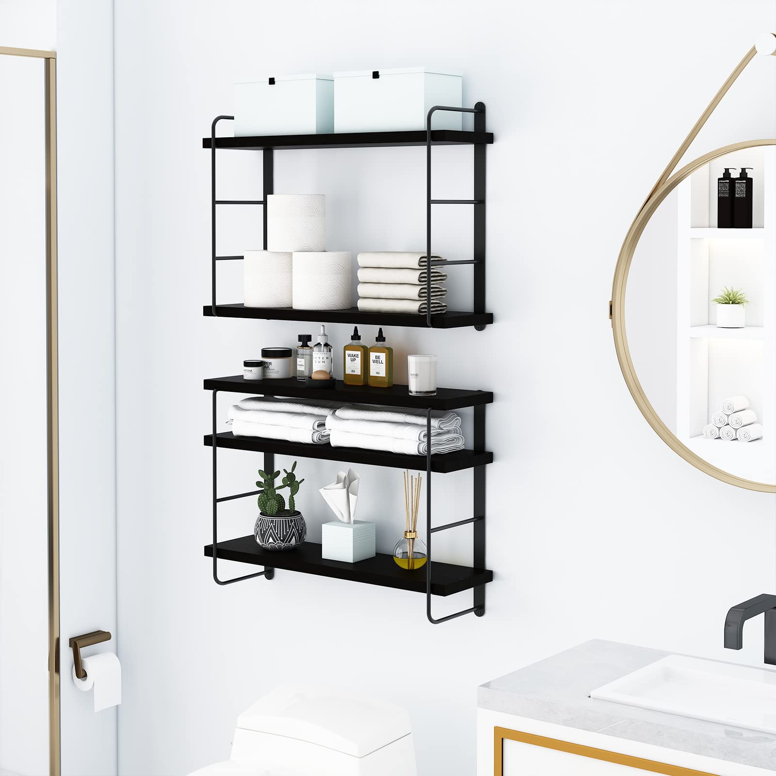 MXCSE Wall Mounted Floating Shelves, Wall Shelves, Rustic Wall Decor Wood Shelves for Bedroom, Living Room, Bathroom and Kitchen Storage, Easy Installation (5, Black)