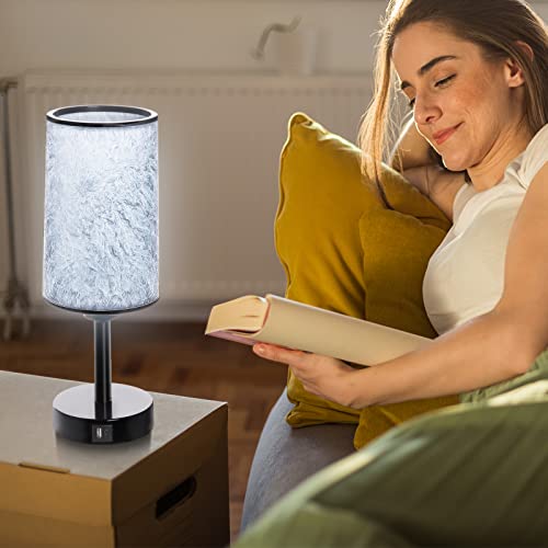 JASMINER Grey Bedside Lamp Table Hard Resin Touch Control Lamp with USB C&A Charging Ports Marble Texture Small Nightstand for Livingroom Bedroom Read Office Work