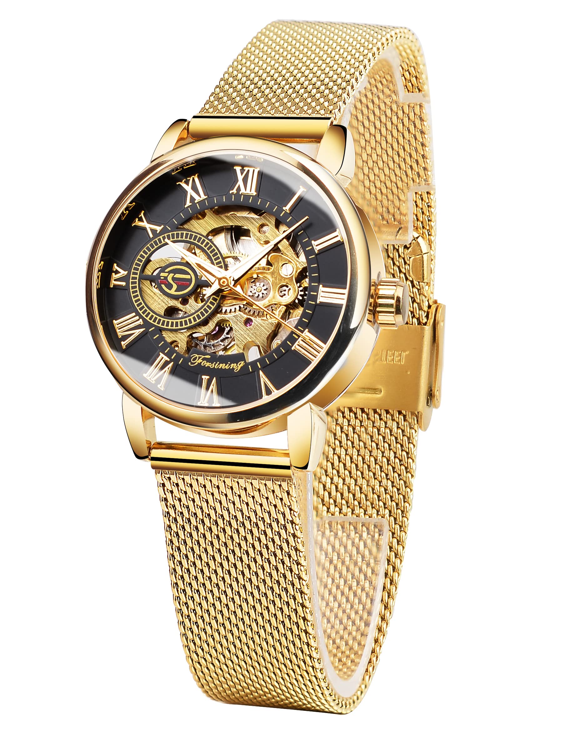 FORSINING Steampunk Watches Women's Skeleton Watch Golden Mechanical Watch for Women Minimalist Retro Design Staempunk Mechanical Skeleton Wrist Watch Transparent