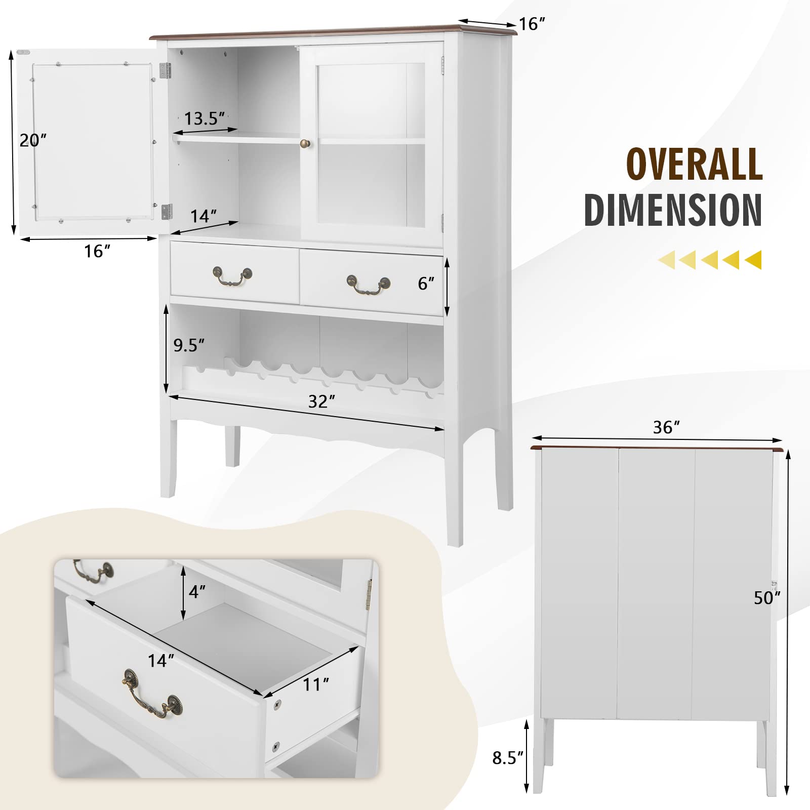 Giantex Wine Cabinet with Storage, Standing Buffet Sideboard with 2 Drawers, 2 Tempered Glass Doors, Open Wine Rack, Anti-toppling Assembly, Coffee Bar Station for Living Room, White & Vermilion