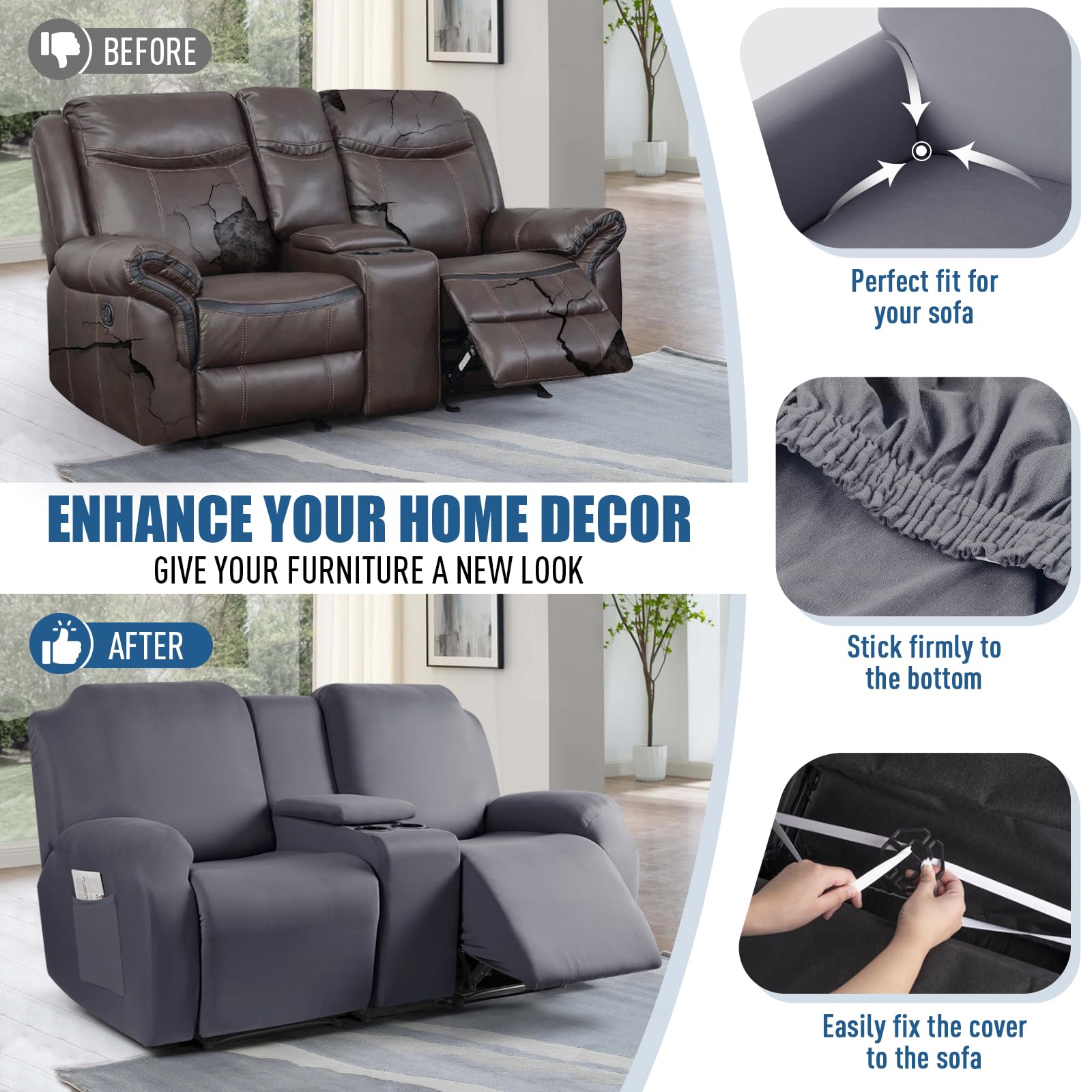 TAOCOCO Reclining Loveseat with Middle Console Slipcover, 4 Piece Polyester Fabric Stretch Loveseat Reclining Sofa Covers (Light Gray, 2 Seat Recliner Cover with Console)